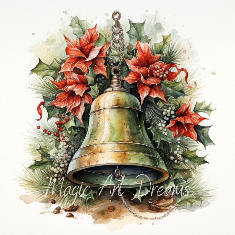 Watercolor Christmas Golden Bell With Red Ribbon Clipart, 16 Jpgs ...