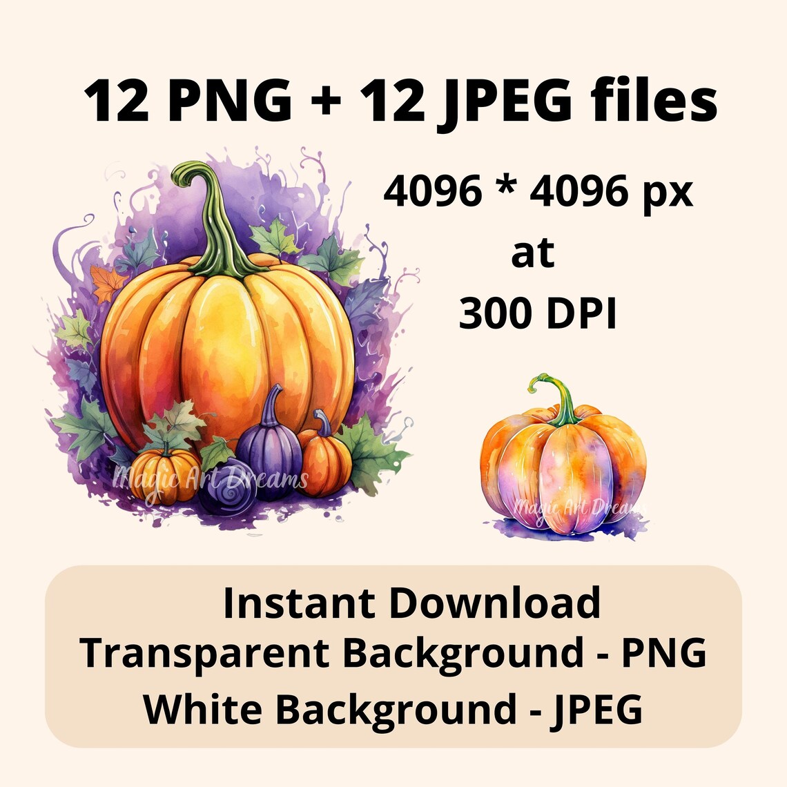 Watercolor Pumpkins Clipart Full Watercolor in PNG JPEG - Etsy