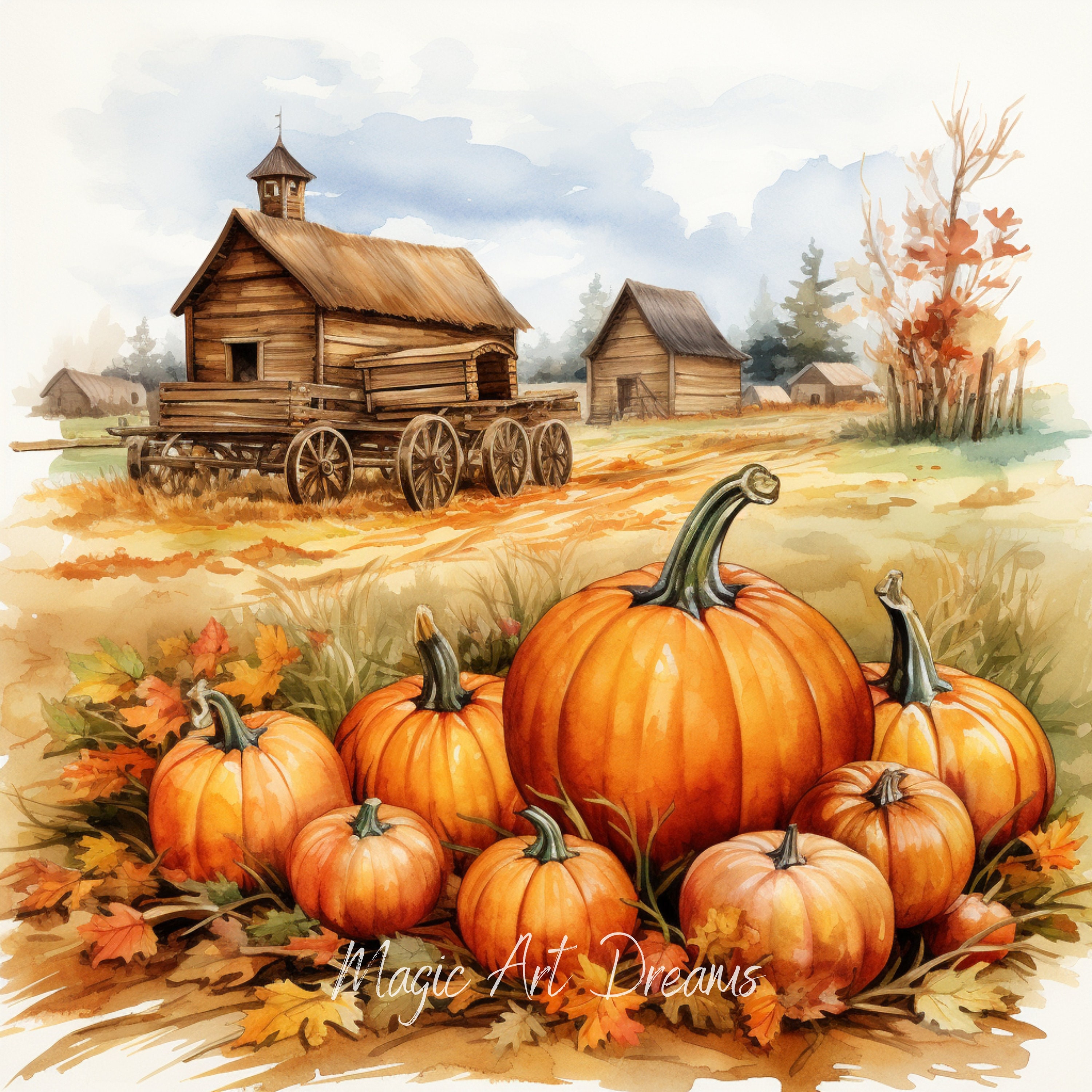 Watercolor Field With Pumpkins Clipart, 11 JPG, Fall Illustration ...