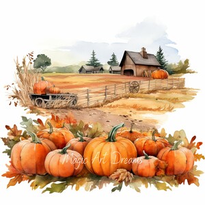 Field With Pumpkins Clipart, 9 JPG, Watercolour Fall Pumpkins ...