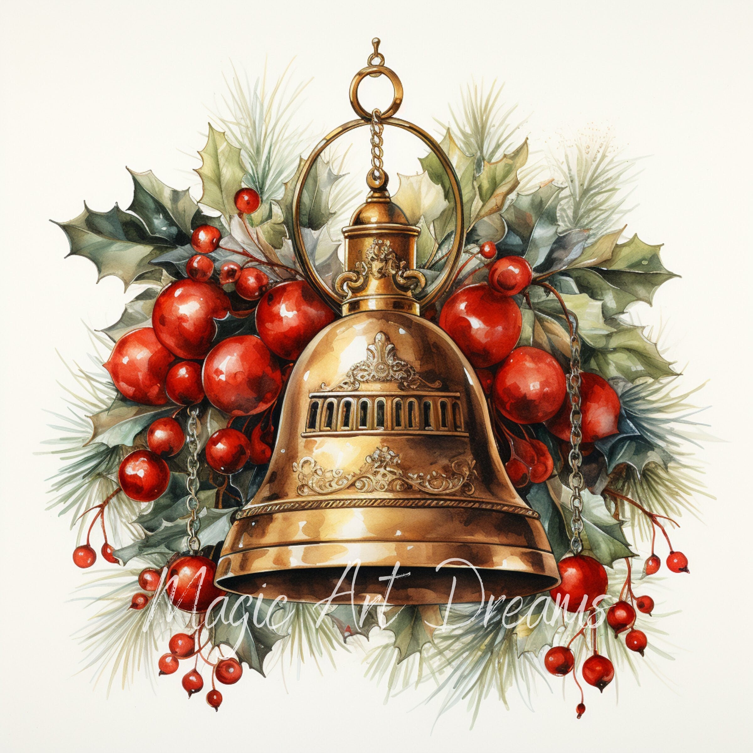 Watercolor Christmas Golden Bell With Red Ribbon Clipart, 16 Jpgs ...