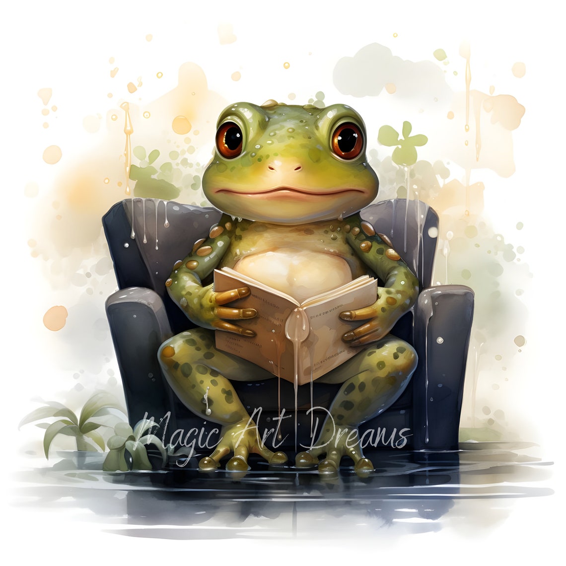 Watercolor Clipart of a Fabulous Toad Reading a Book, 20 Jpgs, Digital ...