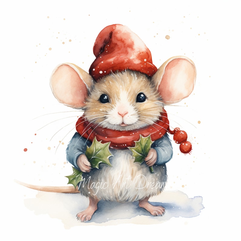 Festive Christmas Cute Mouse, Watercolor Clipart, Book Scrapping, 14 ...