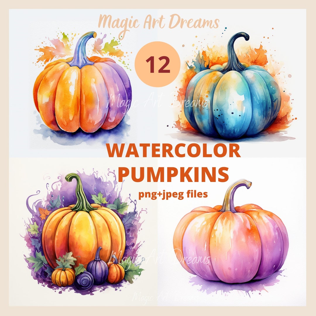 Watercolor Pumpkins Clipart, Full Watercolor in PNG JPEG Format Instant ...