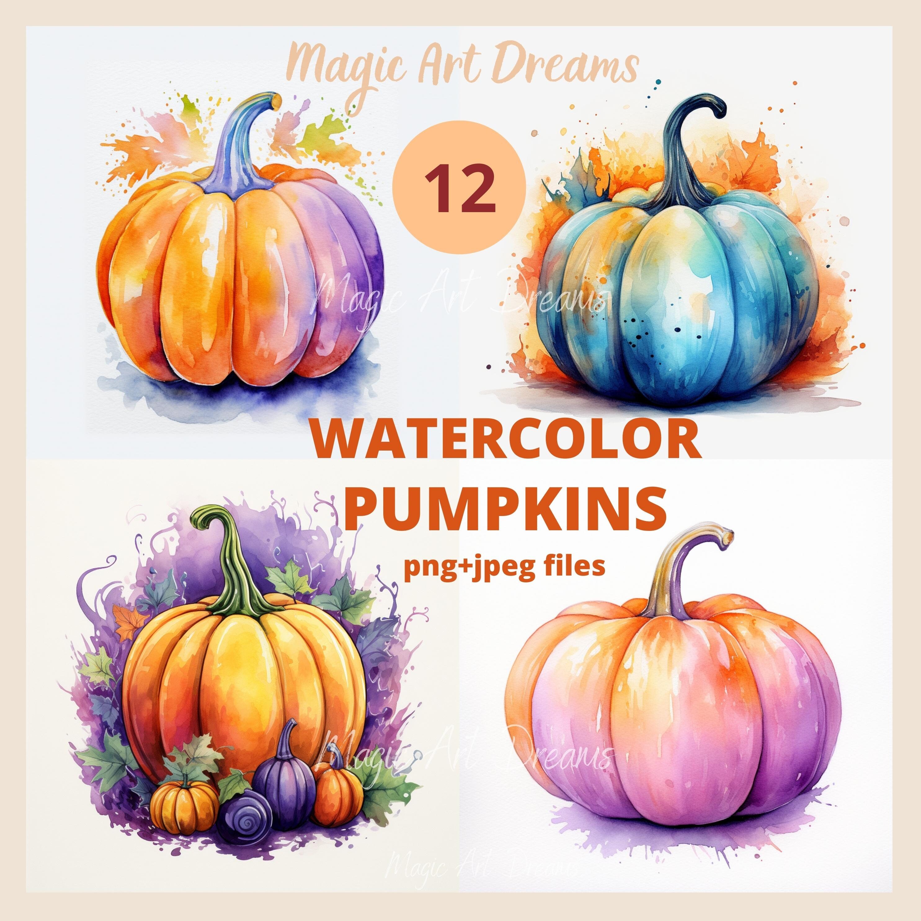 Watercolor Pumpkins Clipart, Full Watercolor in PNG - JPEG Format ...