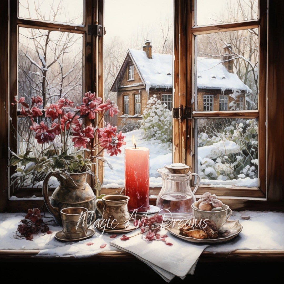 Watercolor Illustration of Christmas Window With Candles and Bouquets ...