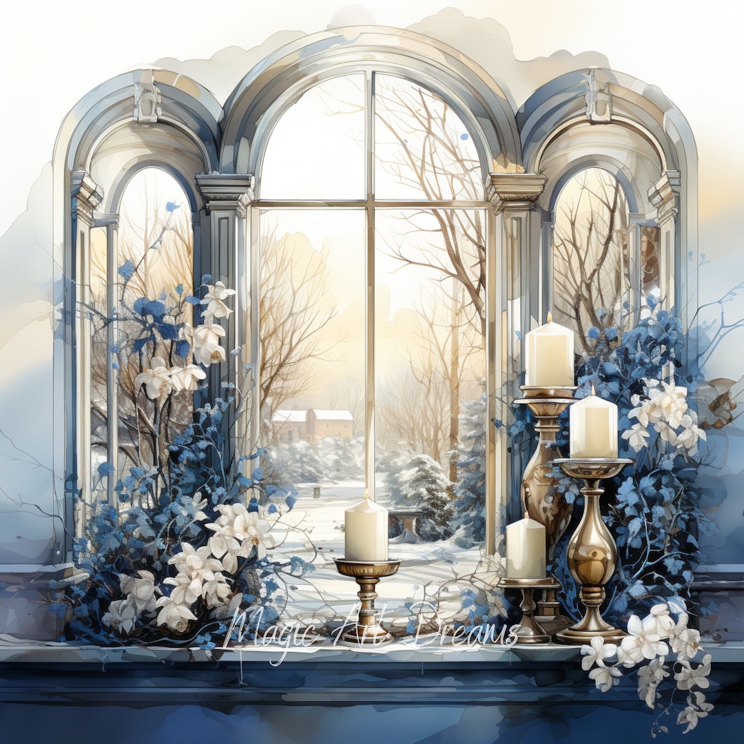 Watercolor Illustration of Christmas Window With Candles and Bouquets ...