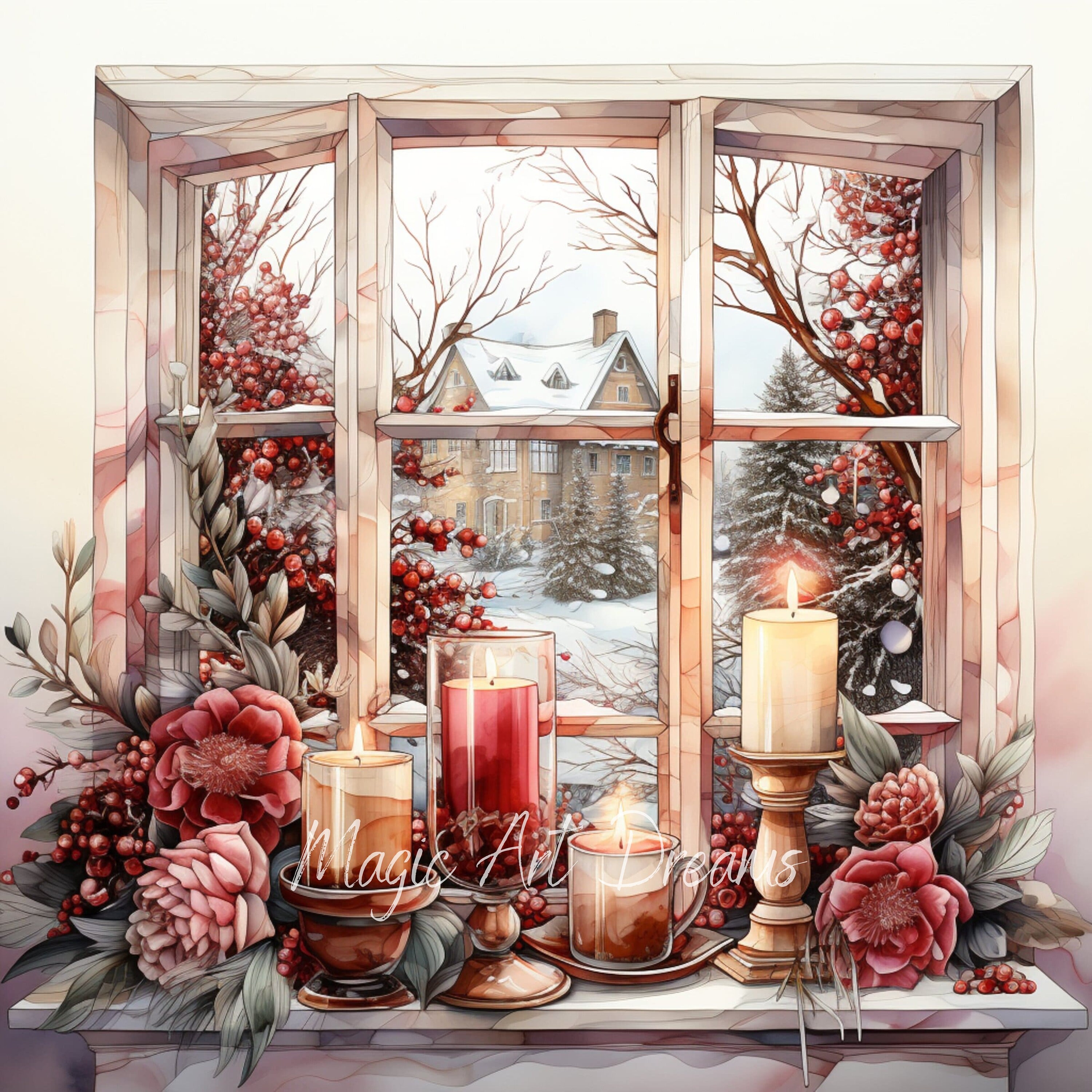 Watercolor Illustration of Christmas Window With Candles and Bouquets ...