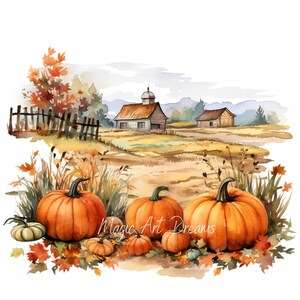 Field With Pumpkins Clipart, 9 JPG, Watercolour Fall Pumpkins ...