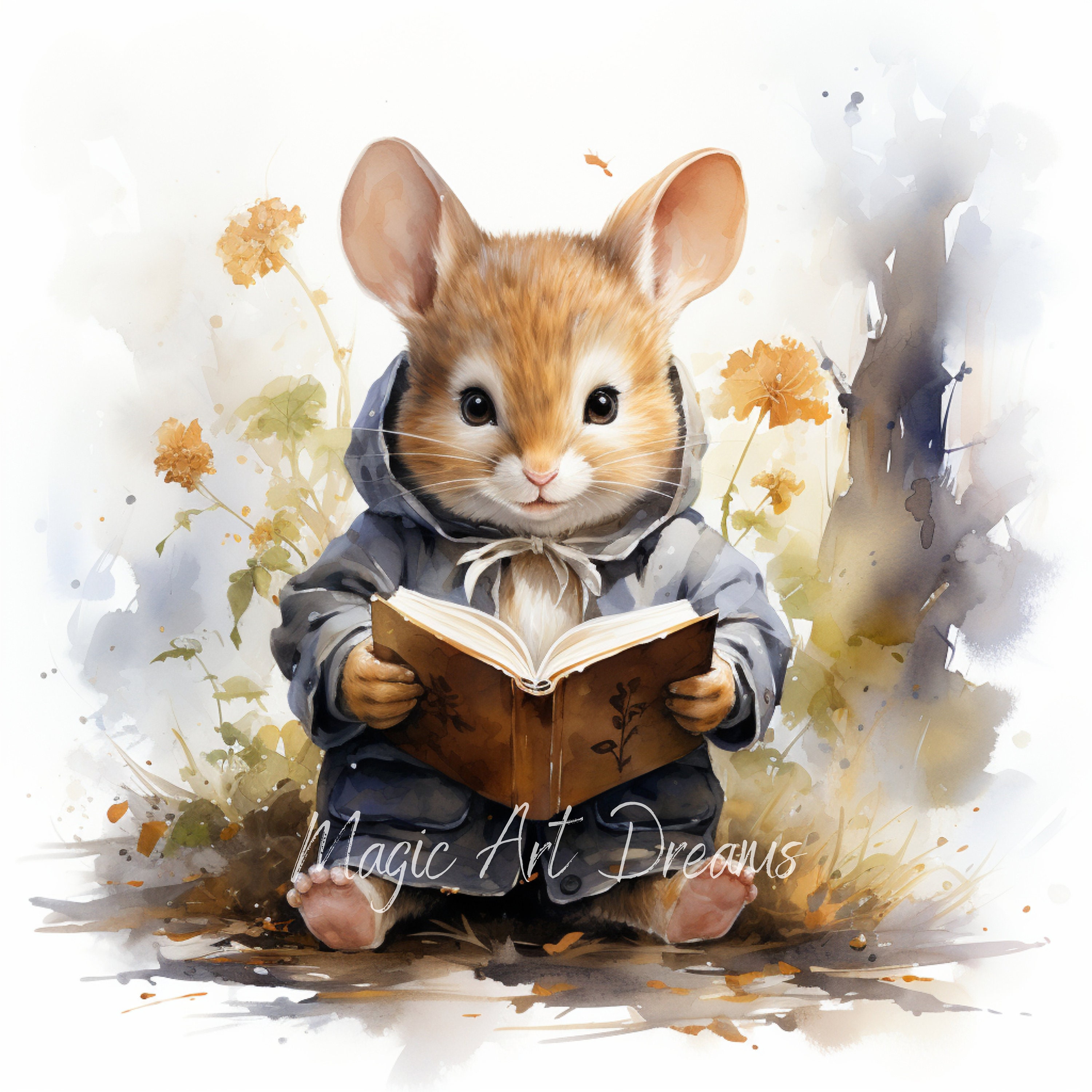 Watercolor Christmas Mouse Reading Book Clipart 15 High Quality Jpgs ...