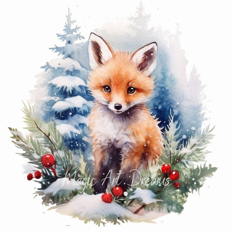 Watercolor Red Fox in the Winter Forest,14 Jpgs Watercolor Clipart ...