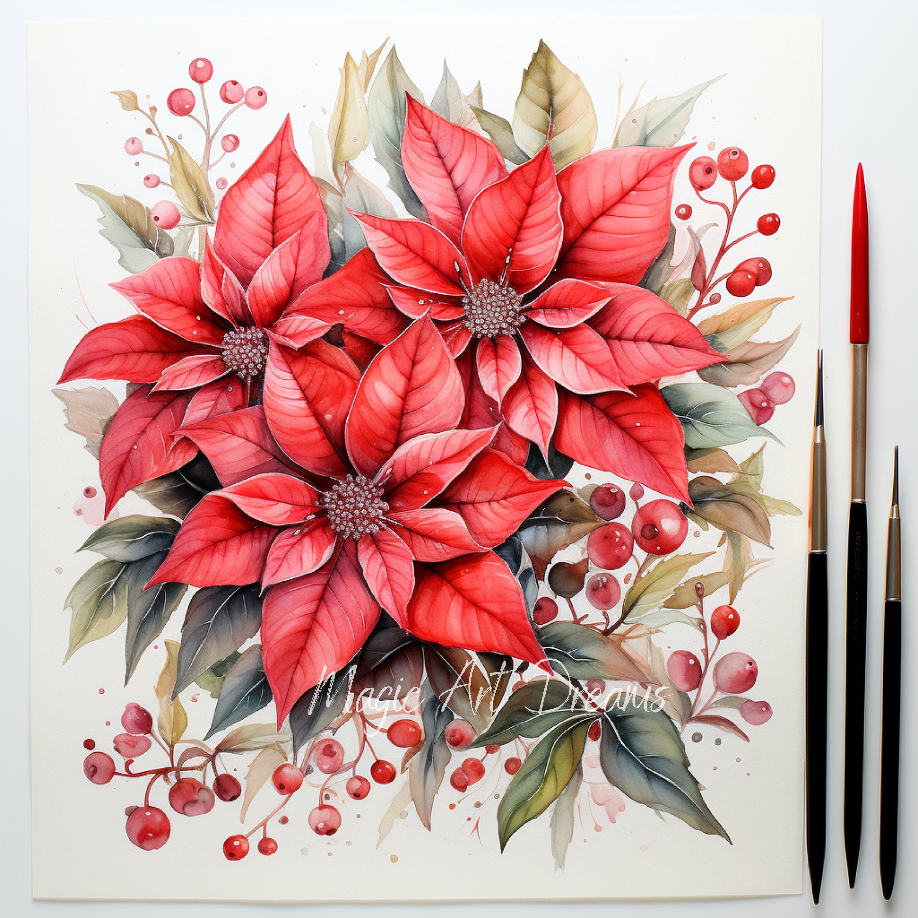 Watercolor Christmas Poinsettia Clipart, 13 Jpgs Download, Winter Red ...