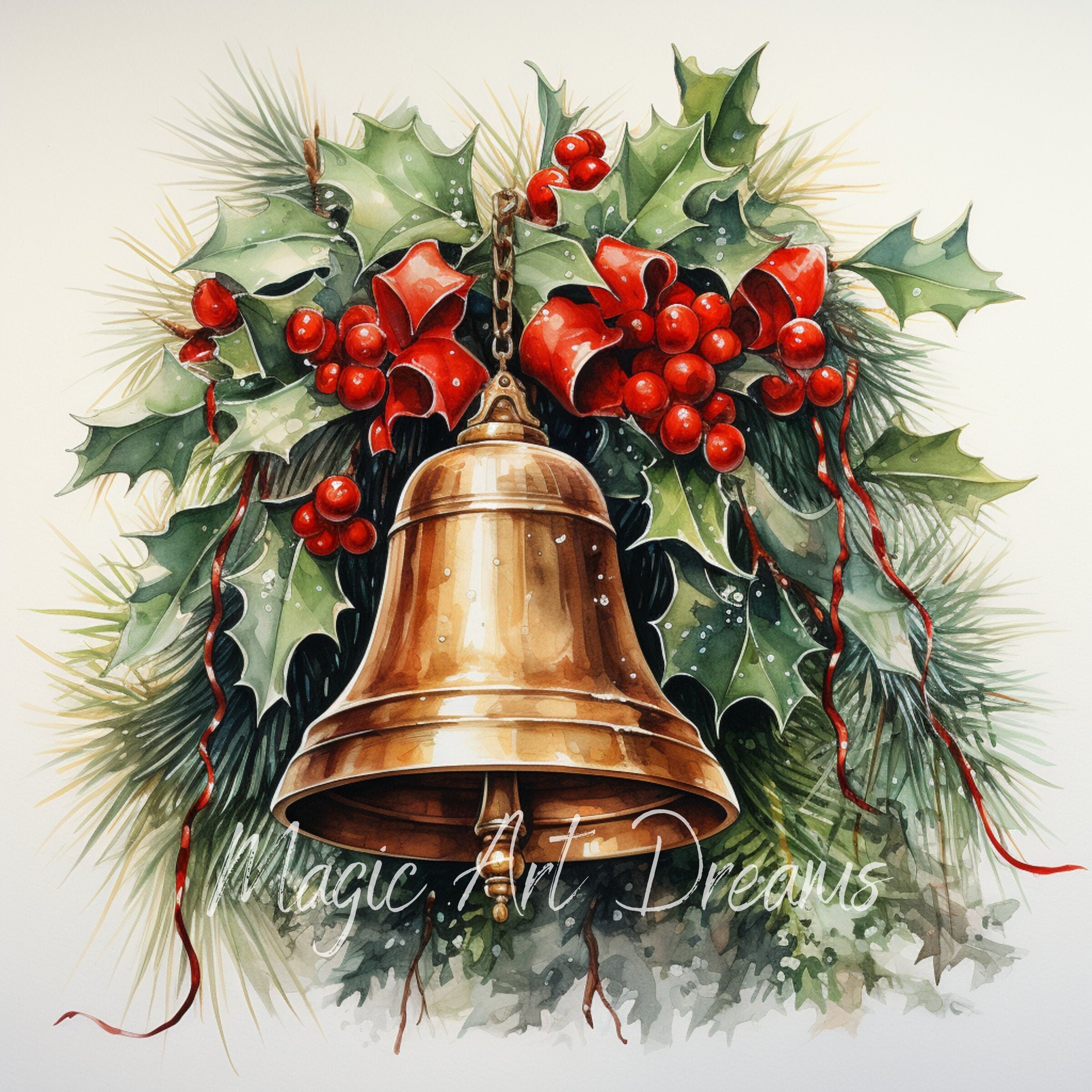 Watercolor Christmas Golden Bell With Red Ribbon Clipart, 16 Jpgs ...