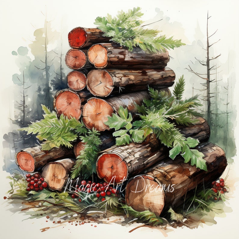Watercolor Winter Firewood for Fireplace, Logs,forest Clearing, 16 JPG ...