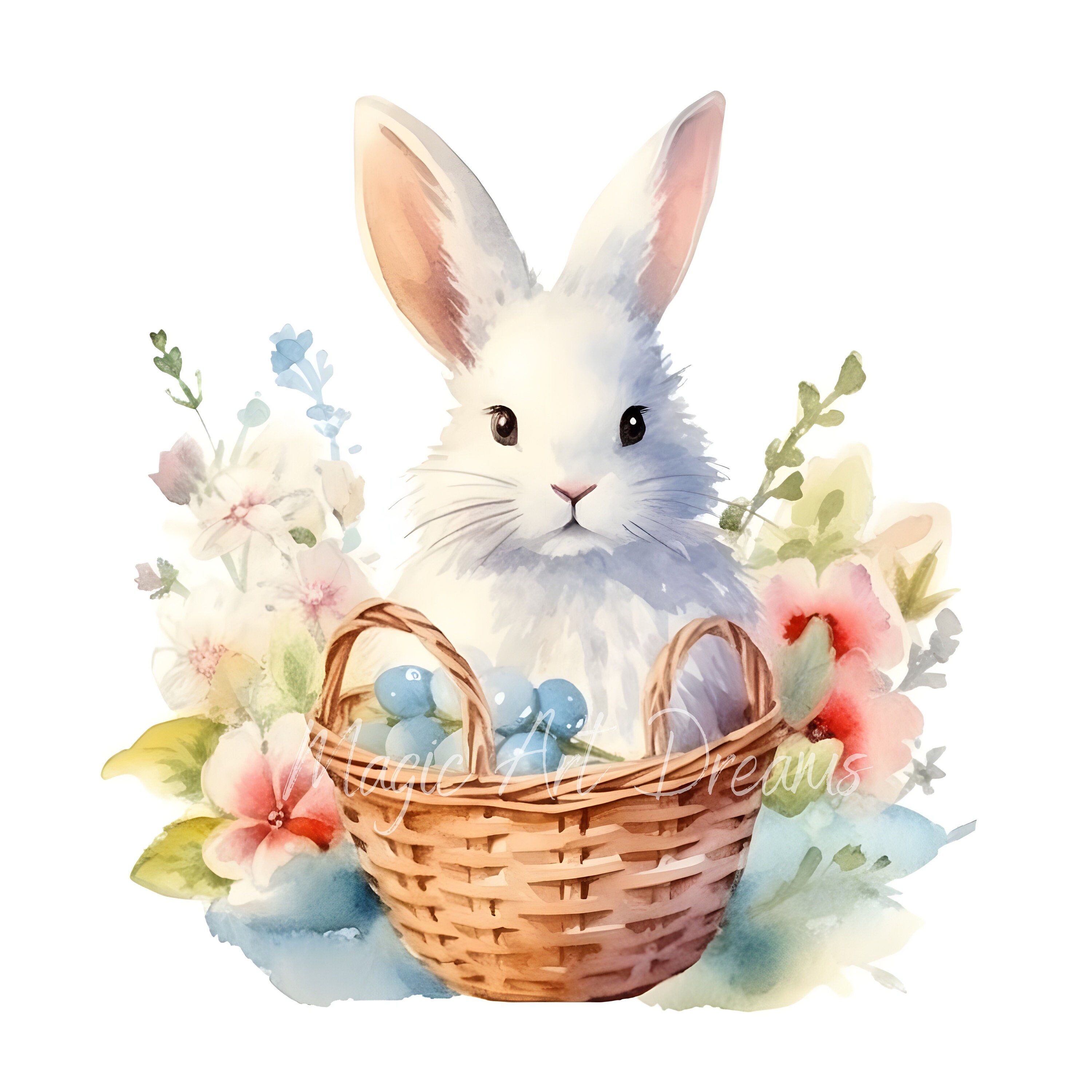 Watercolor Easter White Fluffy Rabbit in a Basket With Spring Flowers ...