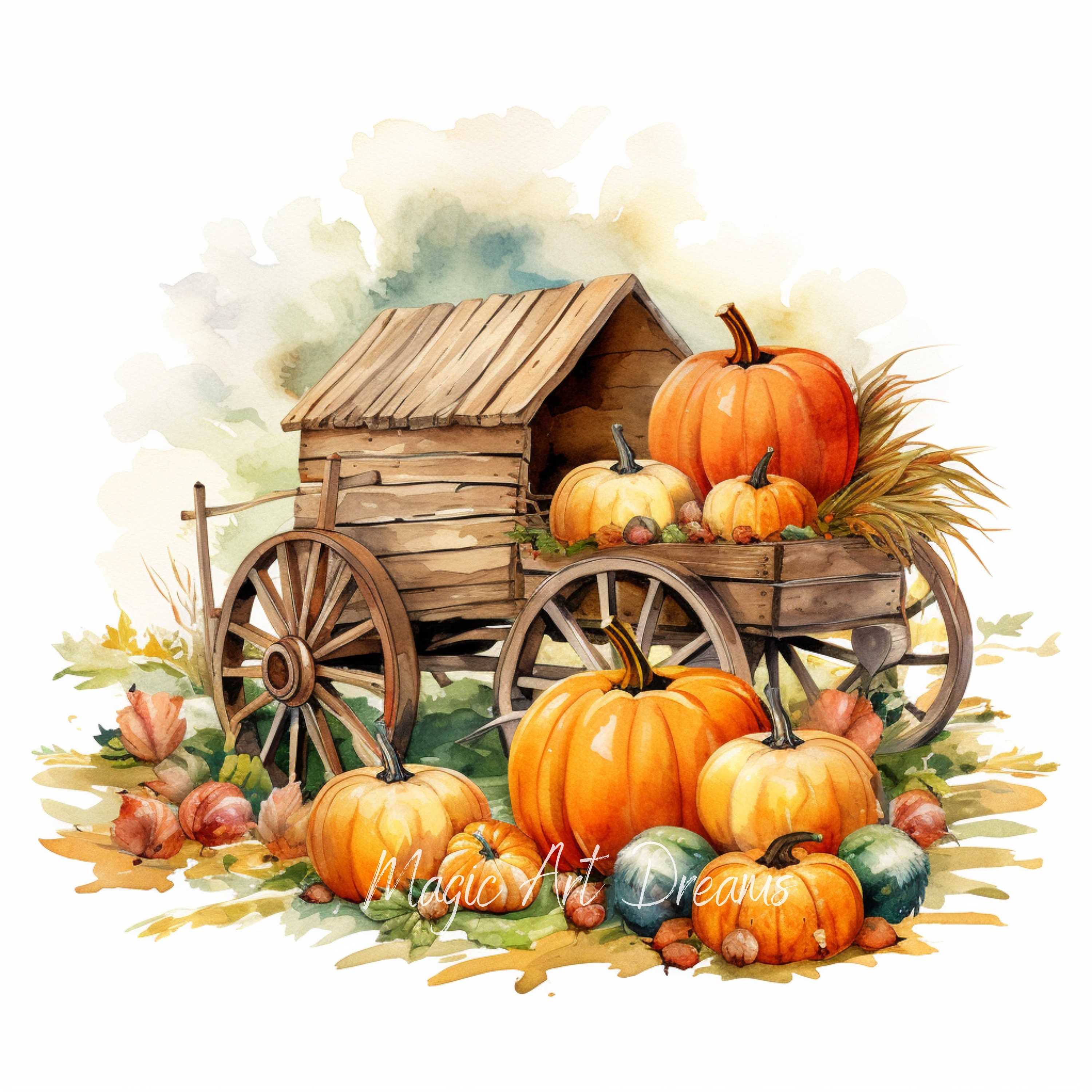 Watercolor Field With Pumpkins Clipart, 11 JPG, Fall Illustration ...