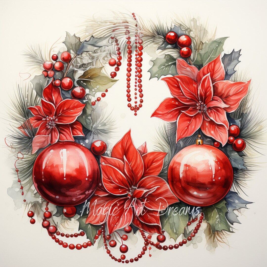 Watercolor Christmas Winter Wreath of Poinsettia Christmas Tree Toys ...