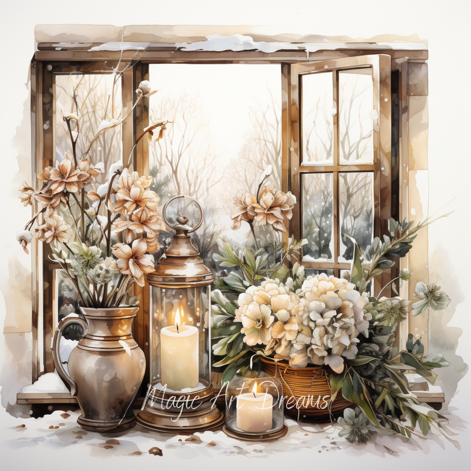 Watercolor Illustration of Christmas Window With Candles & Bouquets of ...