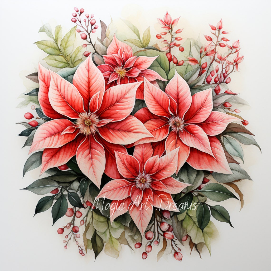 Watercolor Christmas Poinsettia Clipart, 13 Jpgs Download, Winter Red ...