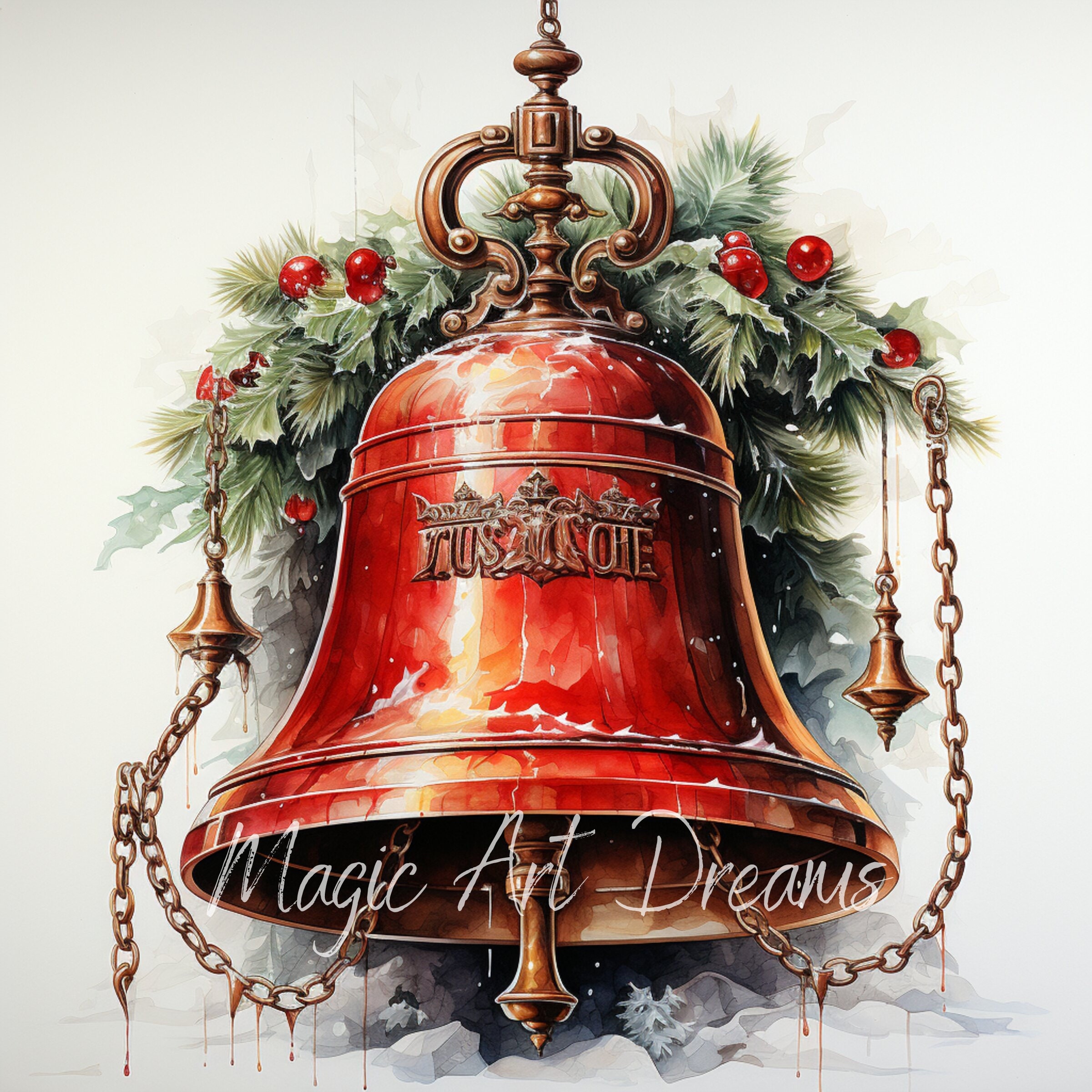 Watercolor Christmas Golden Bell With Red Ribbon Clipart, 16 Jpgs ...