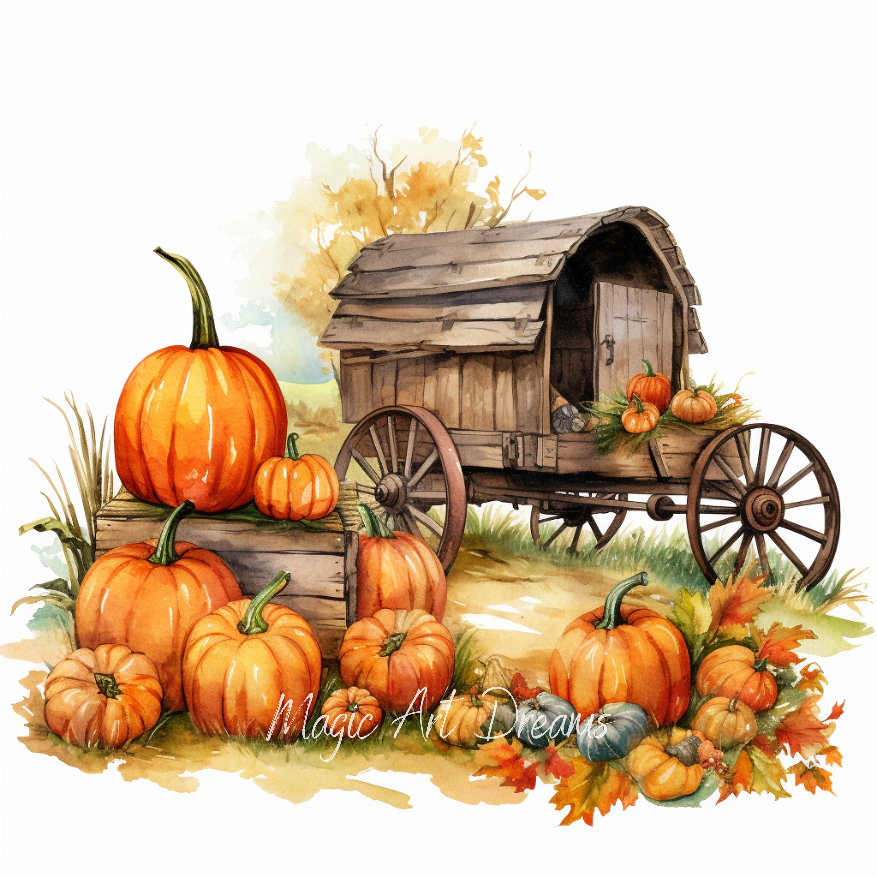 Watercolor Field With Pumpkins Clipart, 11 JPG, Fall Illustration ...