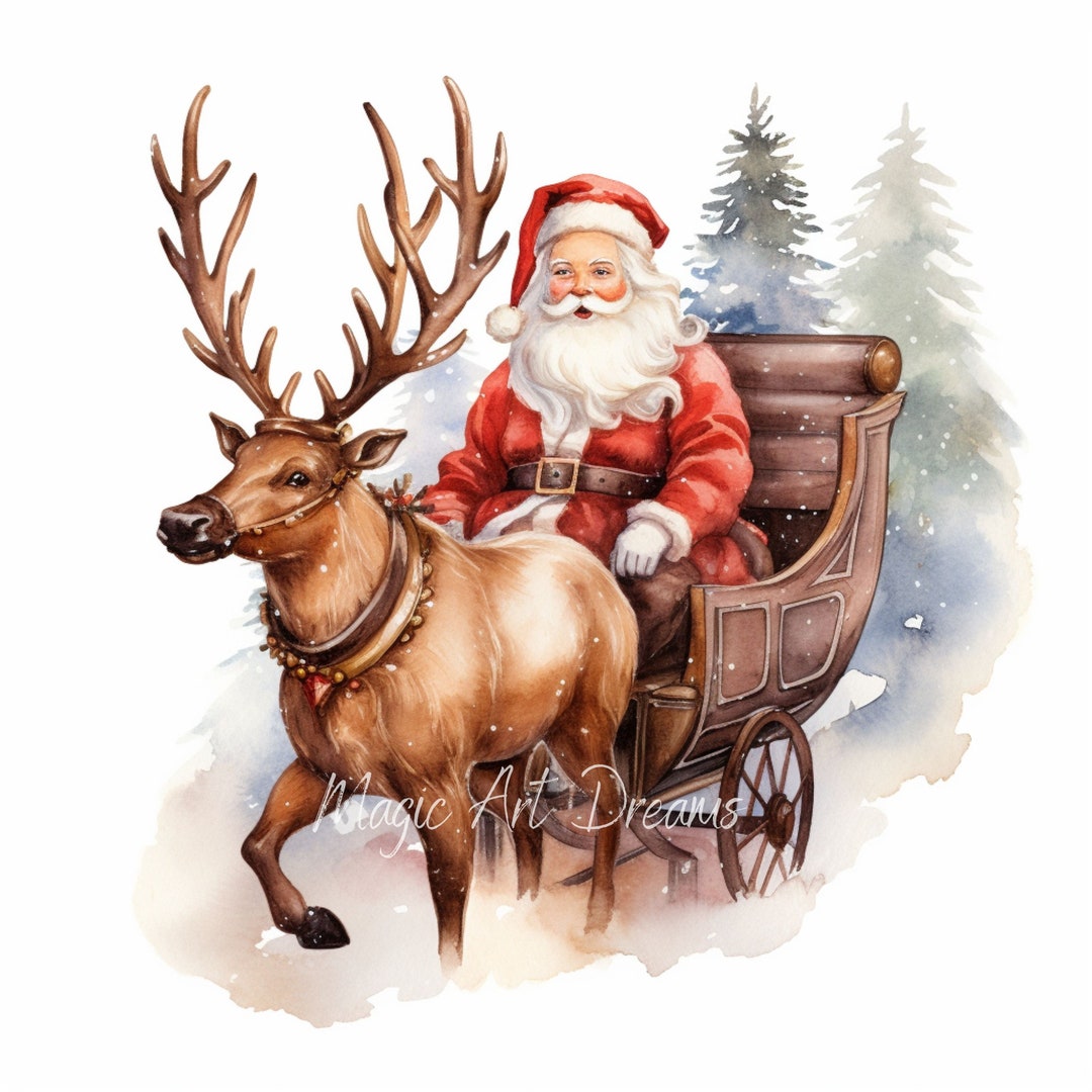 Watercolour Christmas Santa Claus on a Sleigh With Reindeer Clipart 9 ...