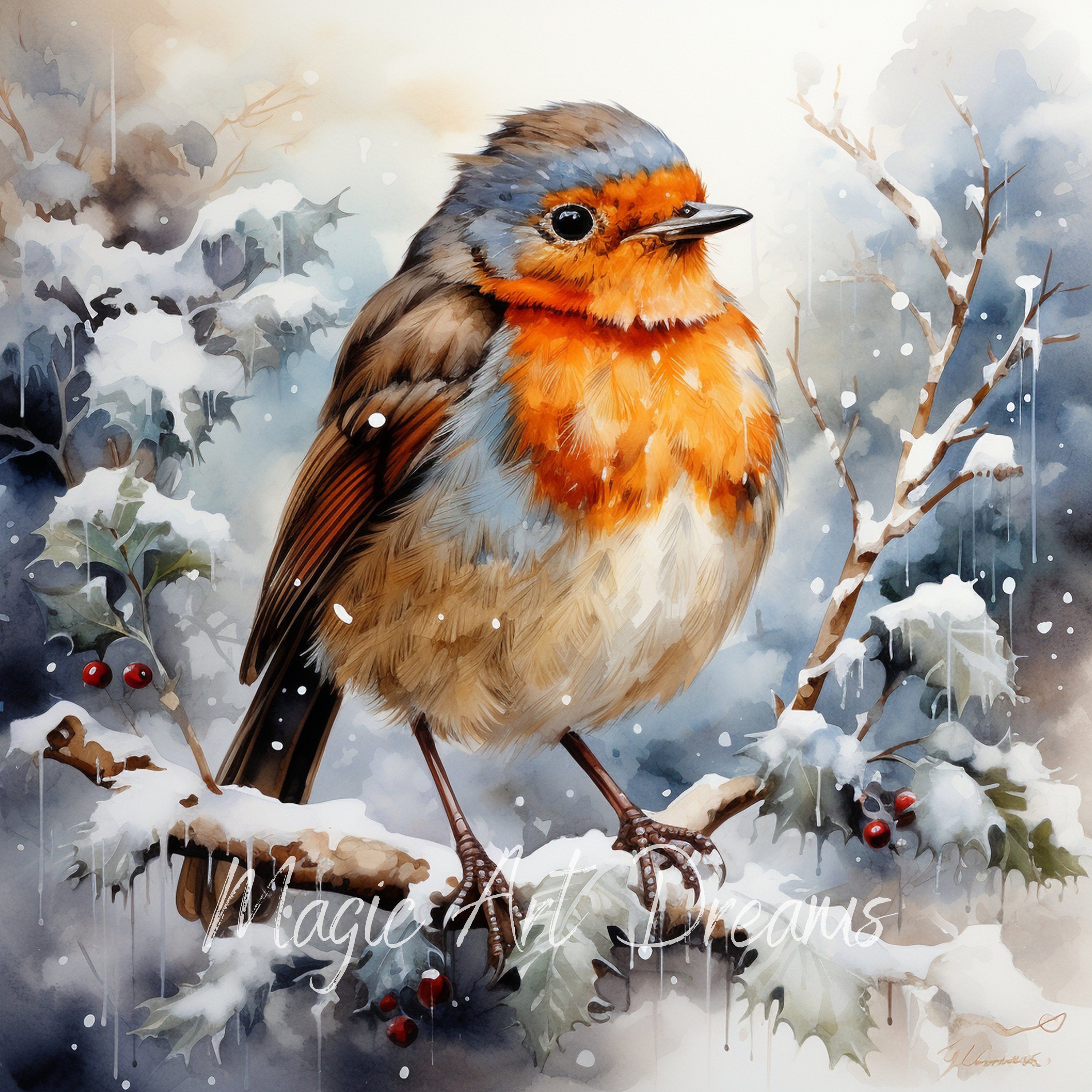 Watercolor Christmas Robin Clipart, 16 High Quality Jpgs, Digital Paper ...