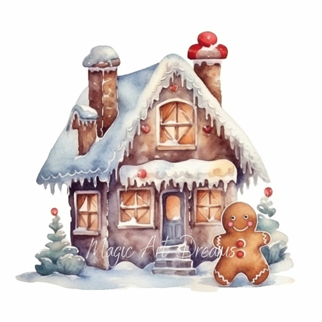 Watercolor Christmas Gingerbread House With Gingerbread Man Clipart, 30 ...