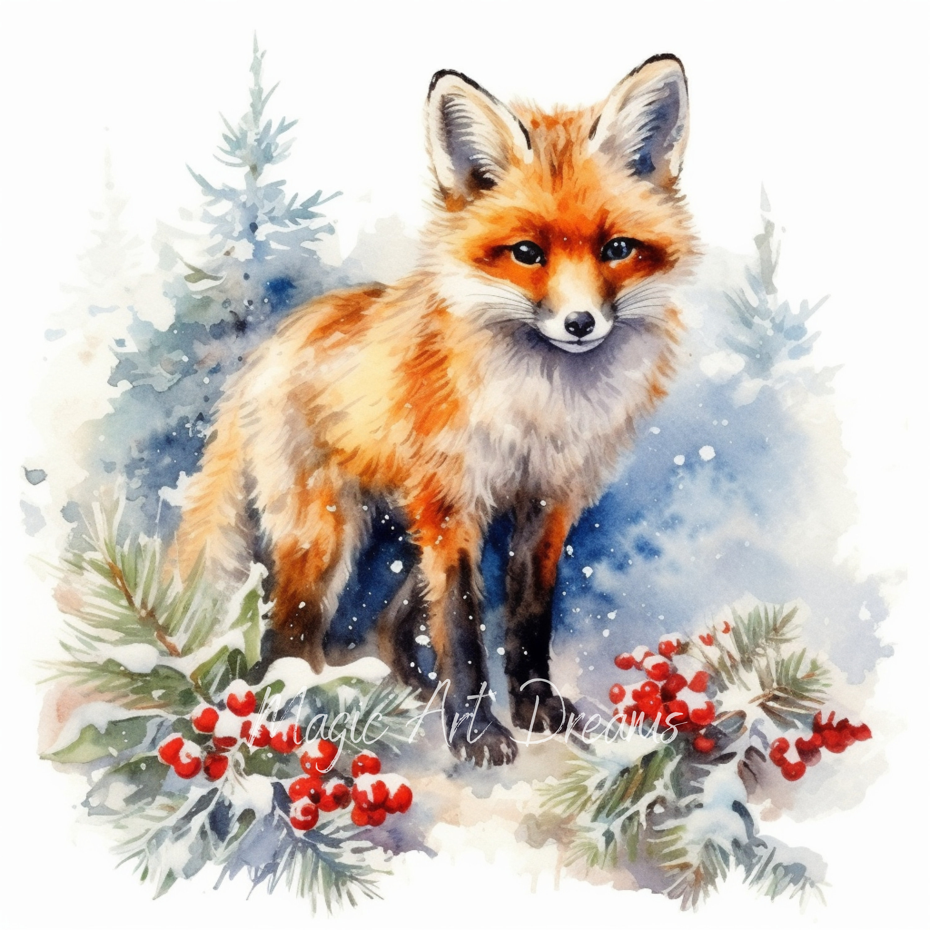 Watercolor Red Fox in the Winter Forest,14 Jpgs Watercolor Clipart ...