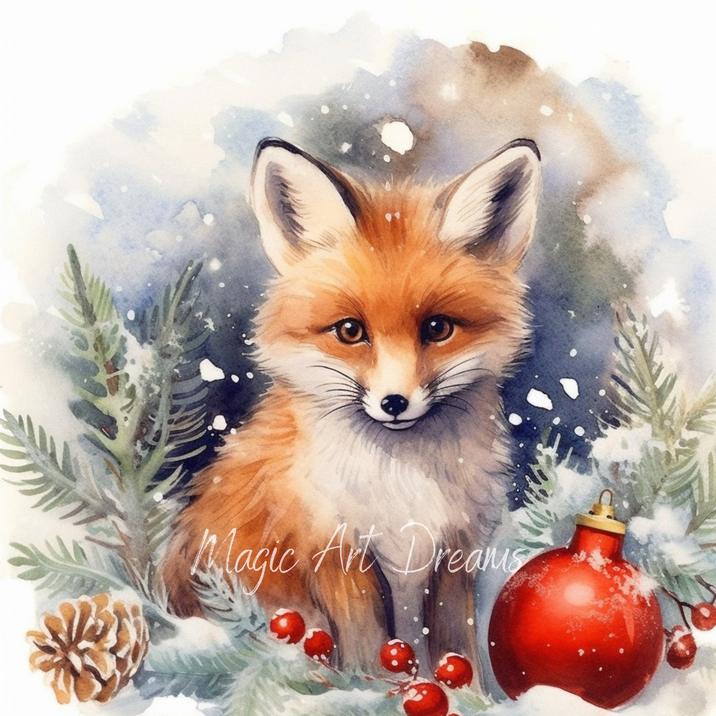 Watercolor Red Fox in the Winter Forest,14 Jpgs Watercolor Clipart ...