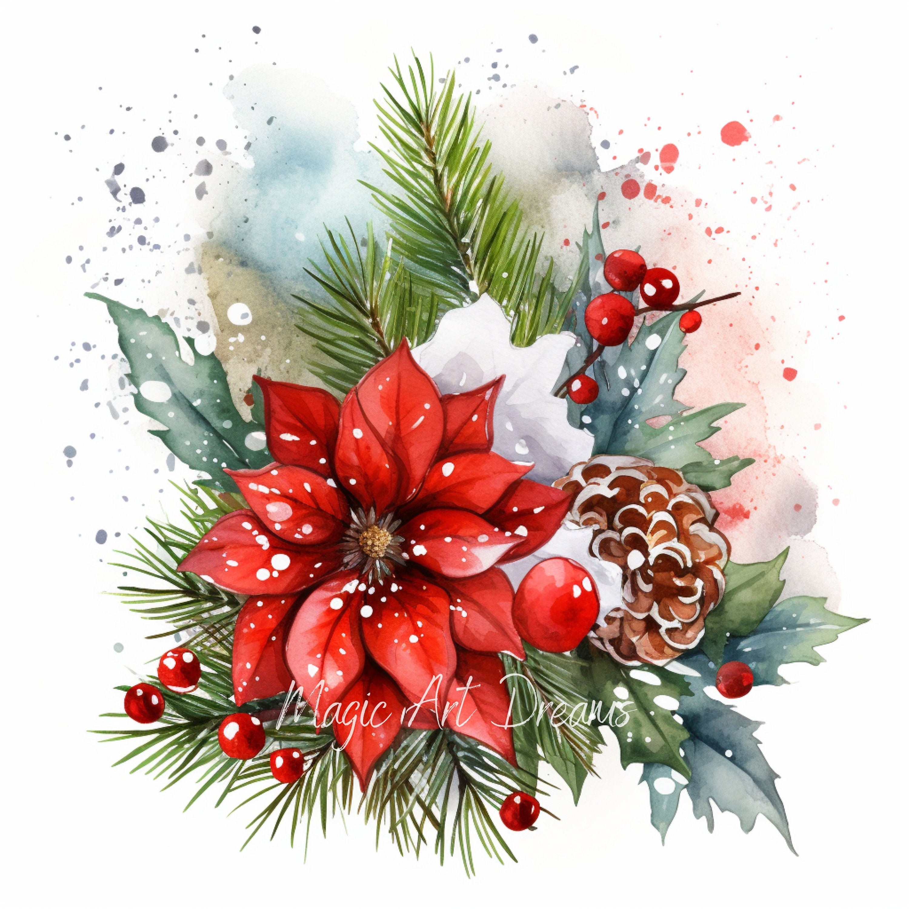 Watercolor Floral Christmas Flowers Clipart, Winter Flowers Christmas ...