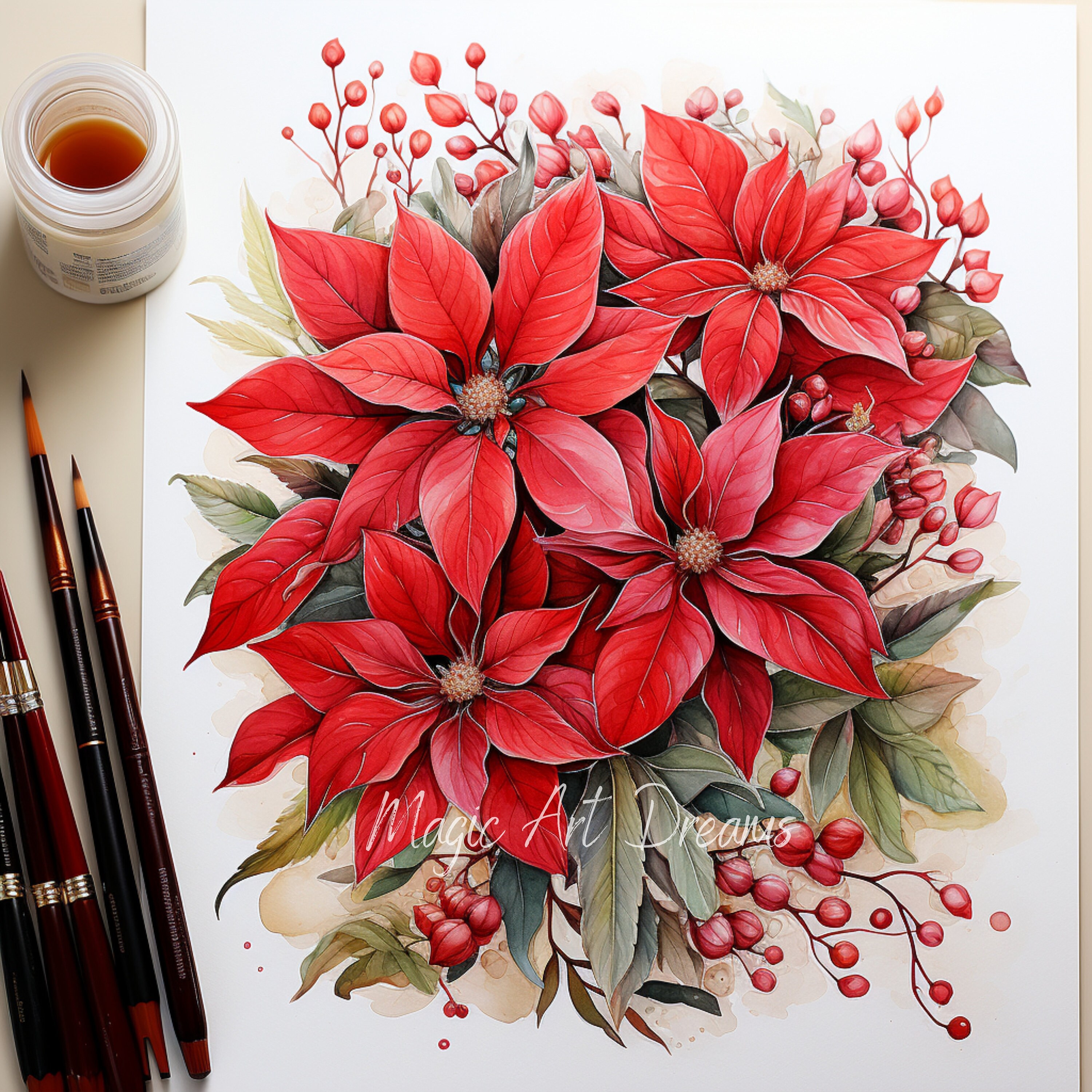 Watercolor Christmas Poinsettia Clipart, 13 Jpgs Download, Winter Red ...