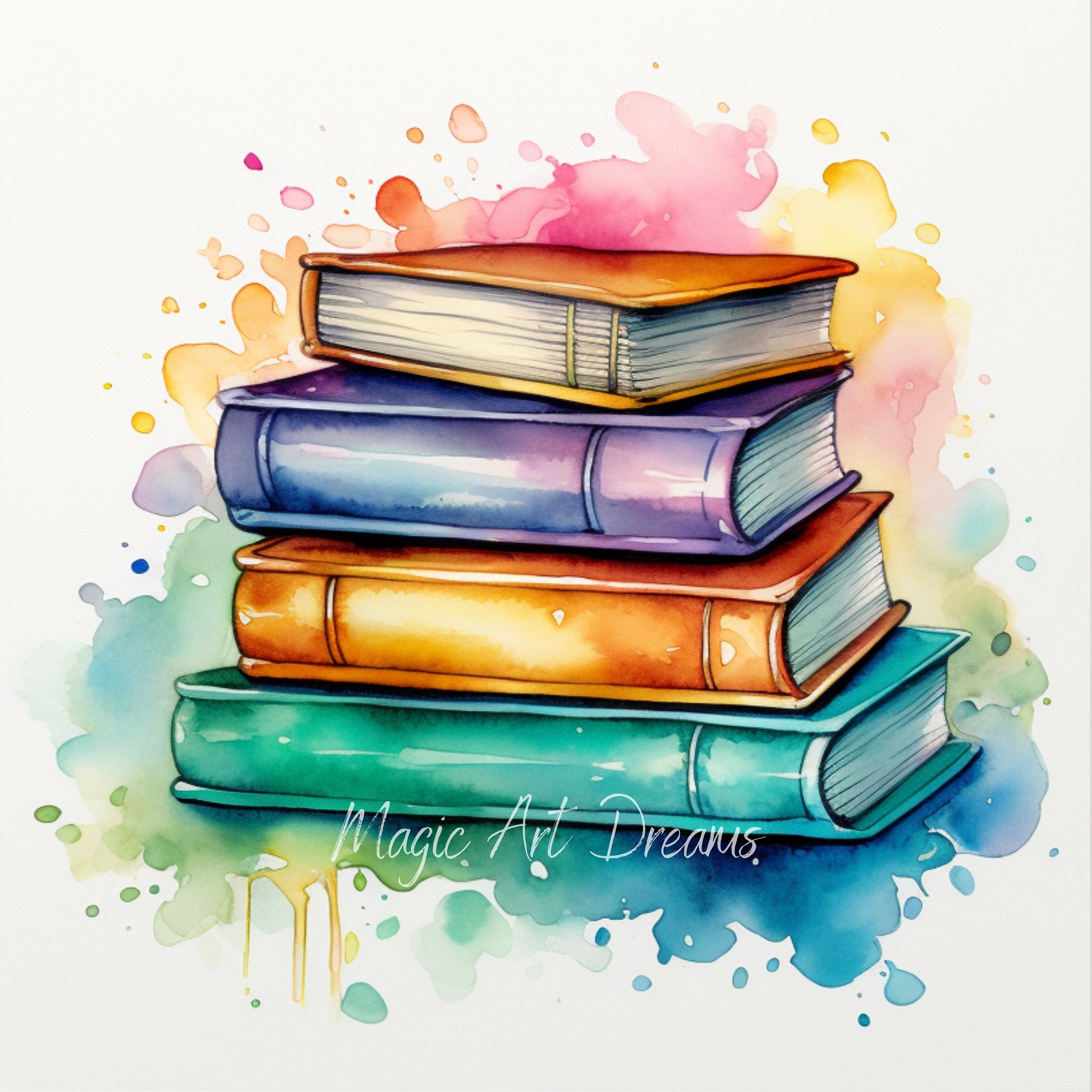 Mehrfarbiger Stapel Bücher, Aquarell Buch Clipart 12 JPGs Dateien ...
