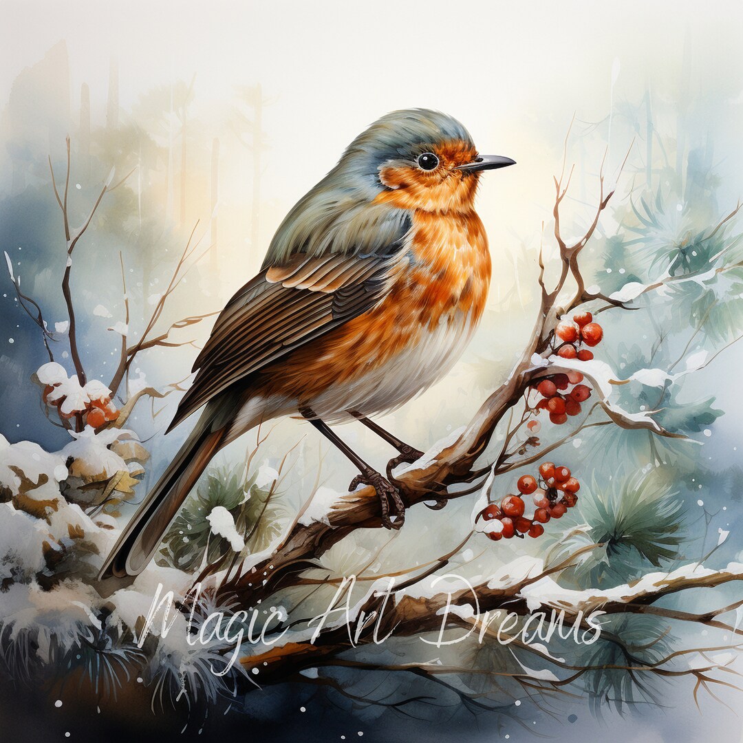 Watercolor Christmas Robin Clipart, 16 High Quality Jpgs, Digital Paper ...