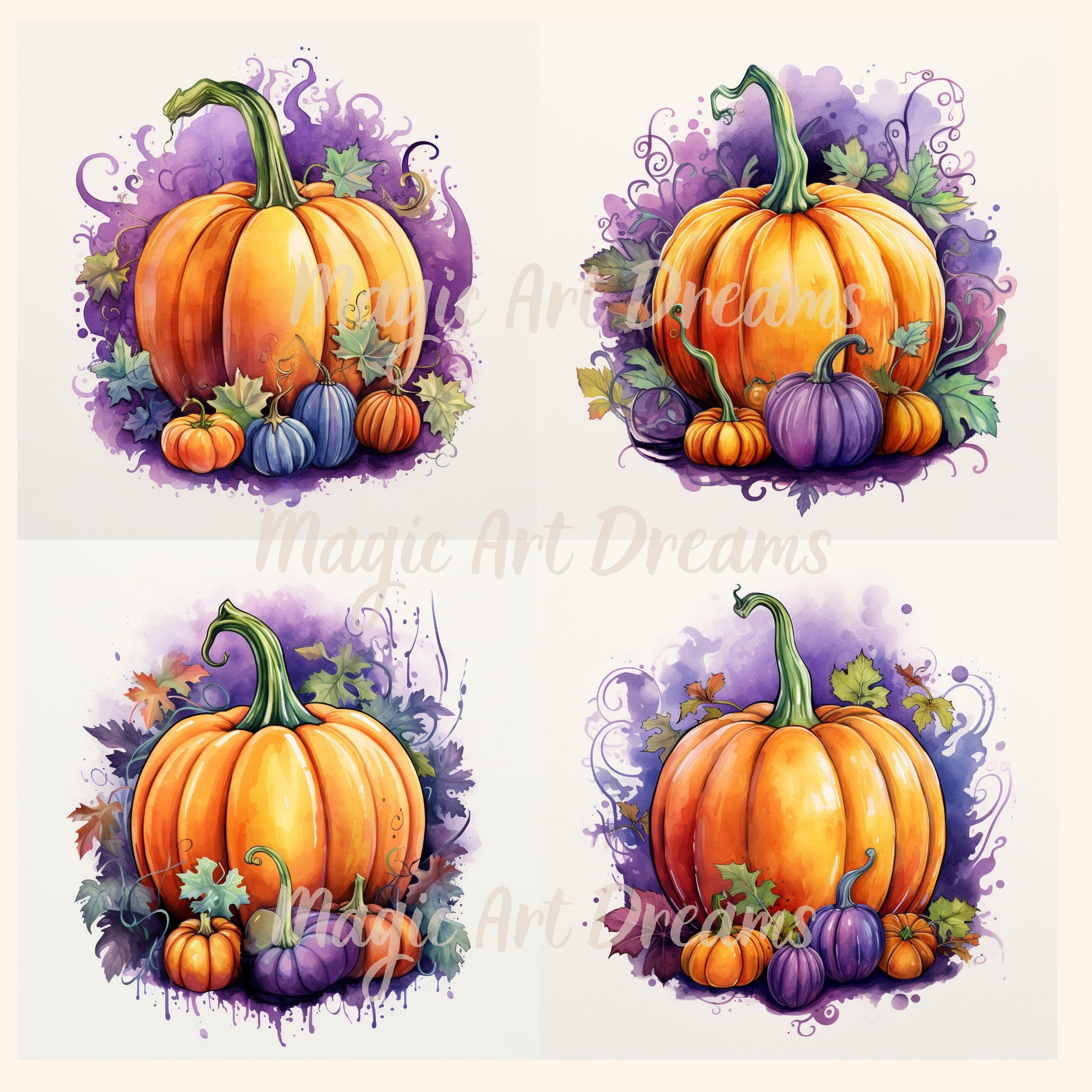 Watercolor Pumpkins Set Clipart, Full Watercolor in PNG - JPEG Format ...