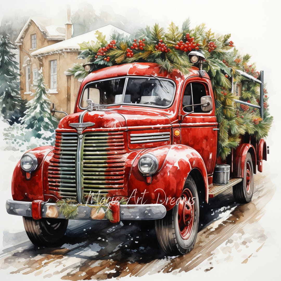 Watercolour Christmas Red Pickup Truck Clipart, 15 JPG , Card Making ...
