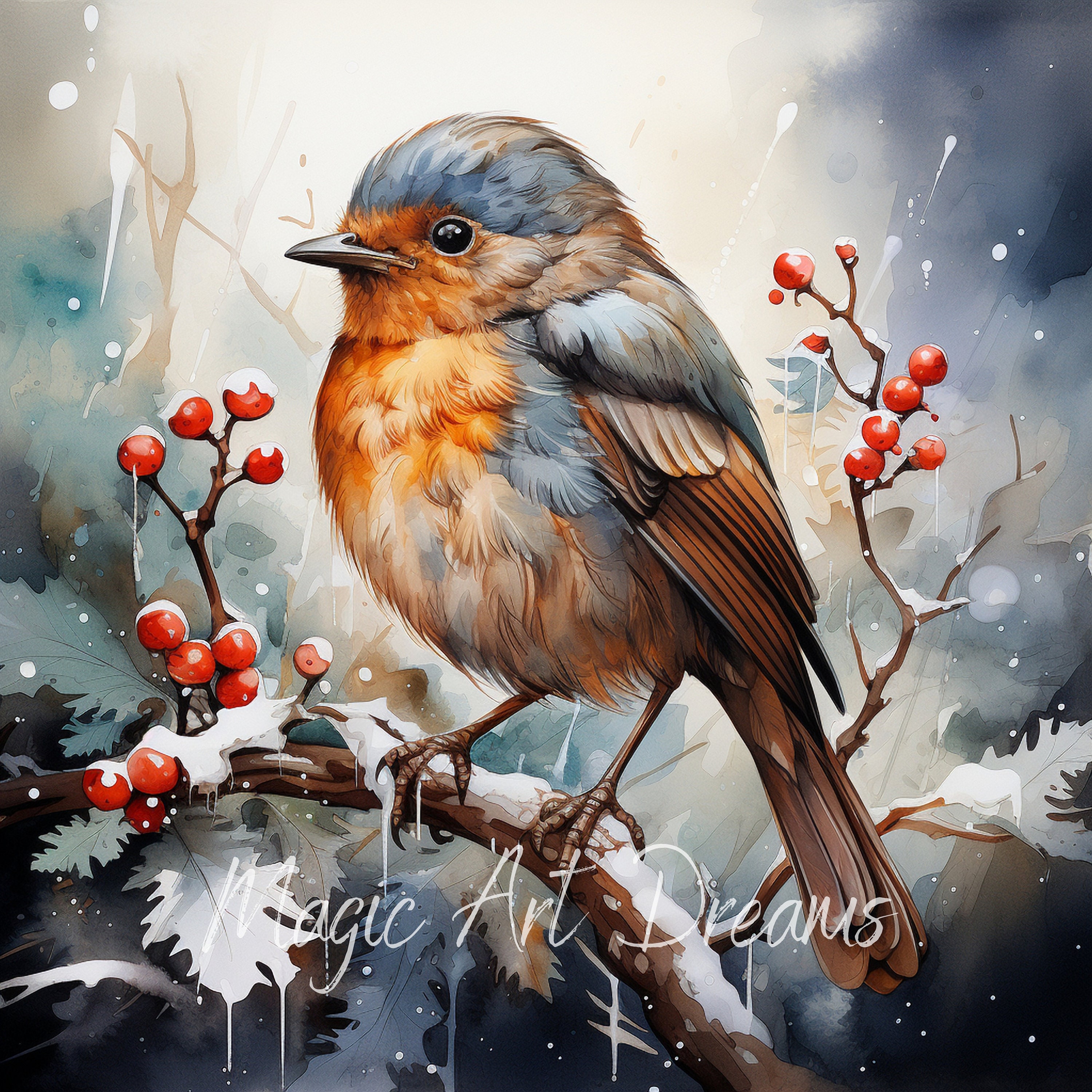 Watercolor Christmas Robin Clipart, 16 High Quality Jpgs, Digital Paper ...