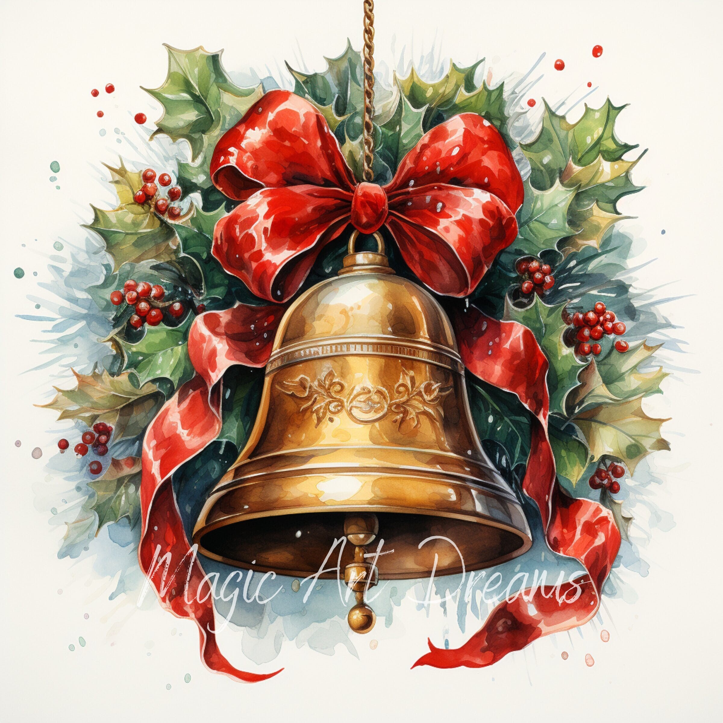 Watercolor Christmas Golden Bell With Red Ribbon Clipart, 16 Jpgs ...