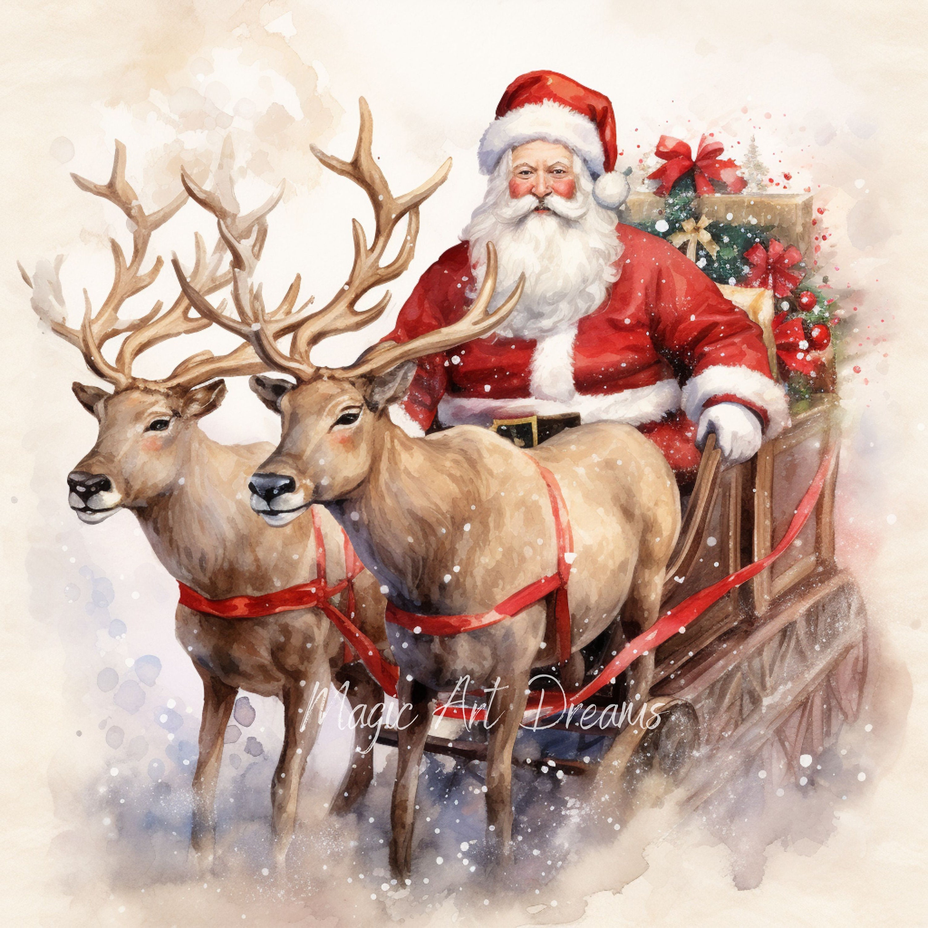 Watercolour Christmas Santa Claus On A Sleigh With Reindeer Clipart 9