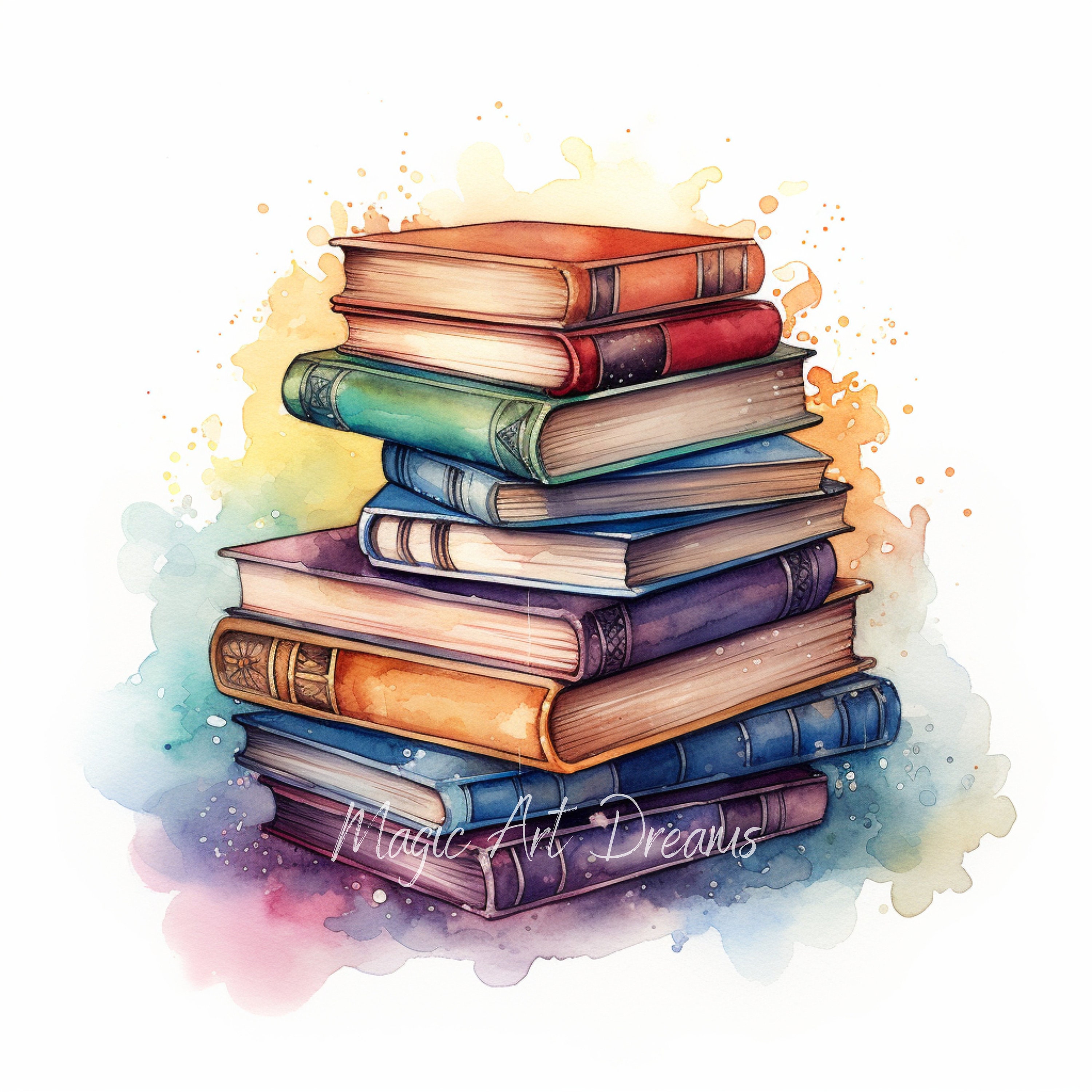 Mehrfarbiger Stapel Bücher, Aquarell Buch Clipart 12 JPGs Dateien ...