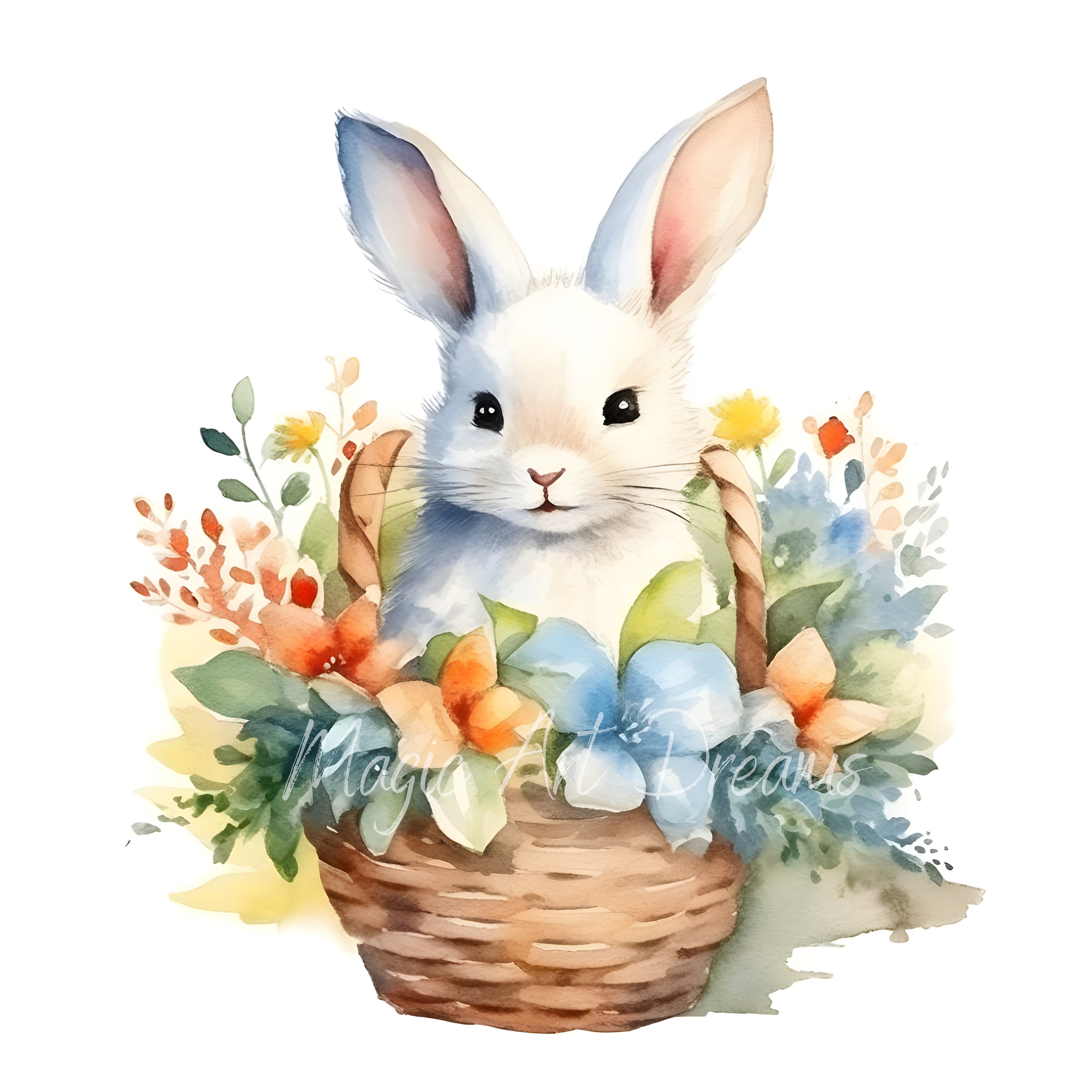 Watercolor Easter White Fluffy Rabbit in a Basket With Spring Flowers ...