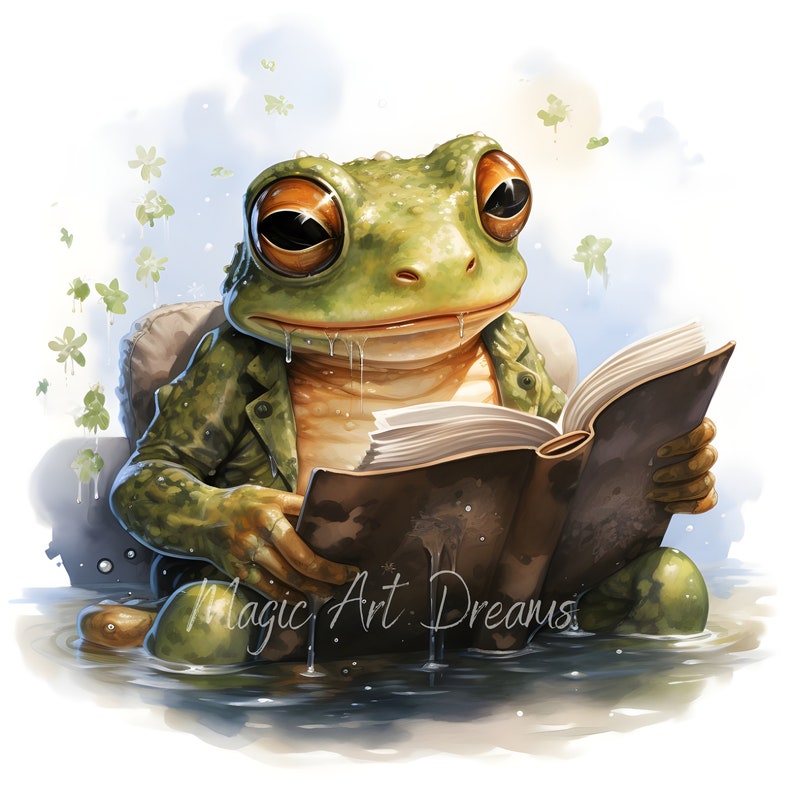 Watercolor Clipart of a Fabulous Toad Reading a Book, 20 Jpgs, Digital ...