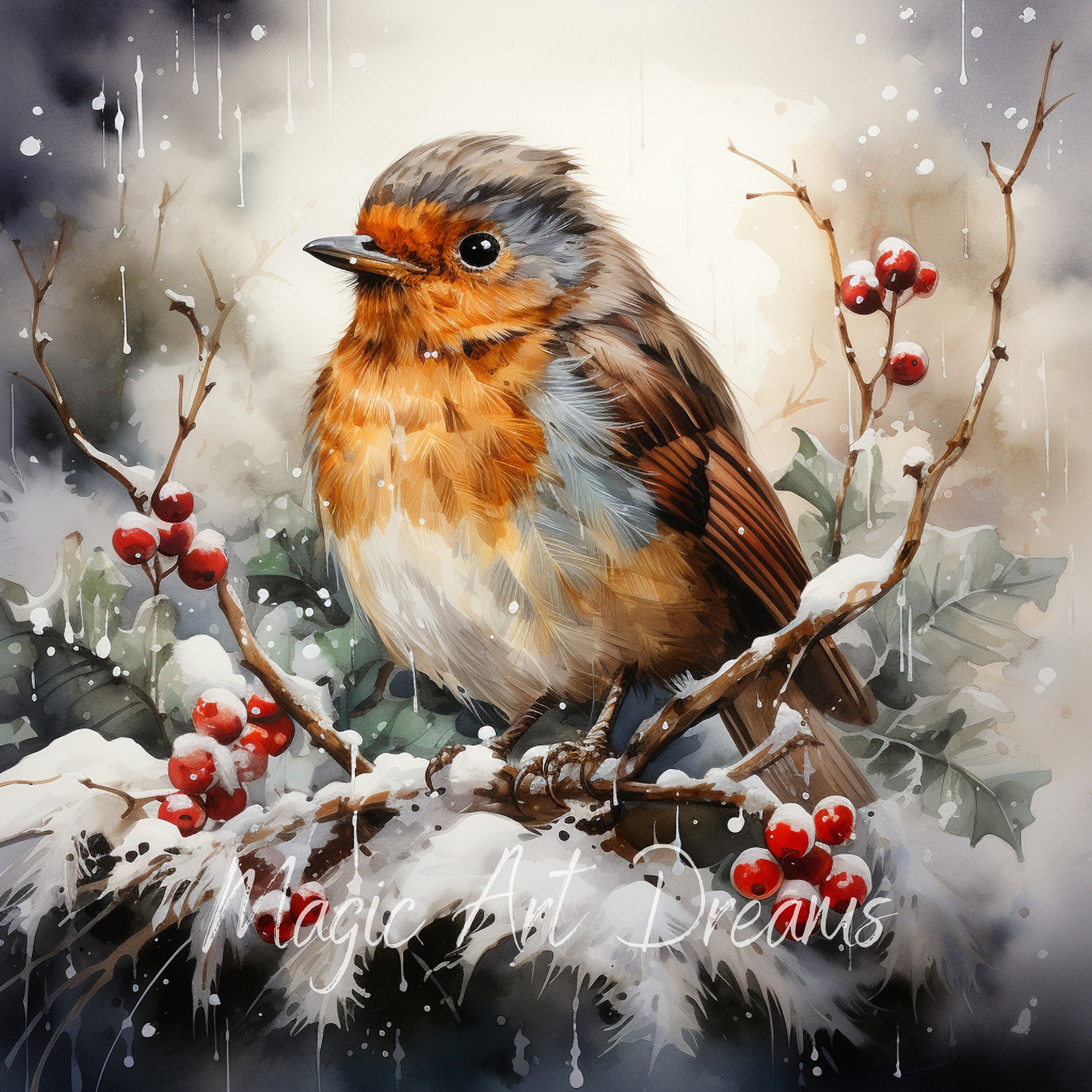 Watercolor Christmas Robin Clipart, 16 High Quality Jpgs, Digital Paper ...