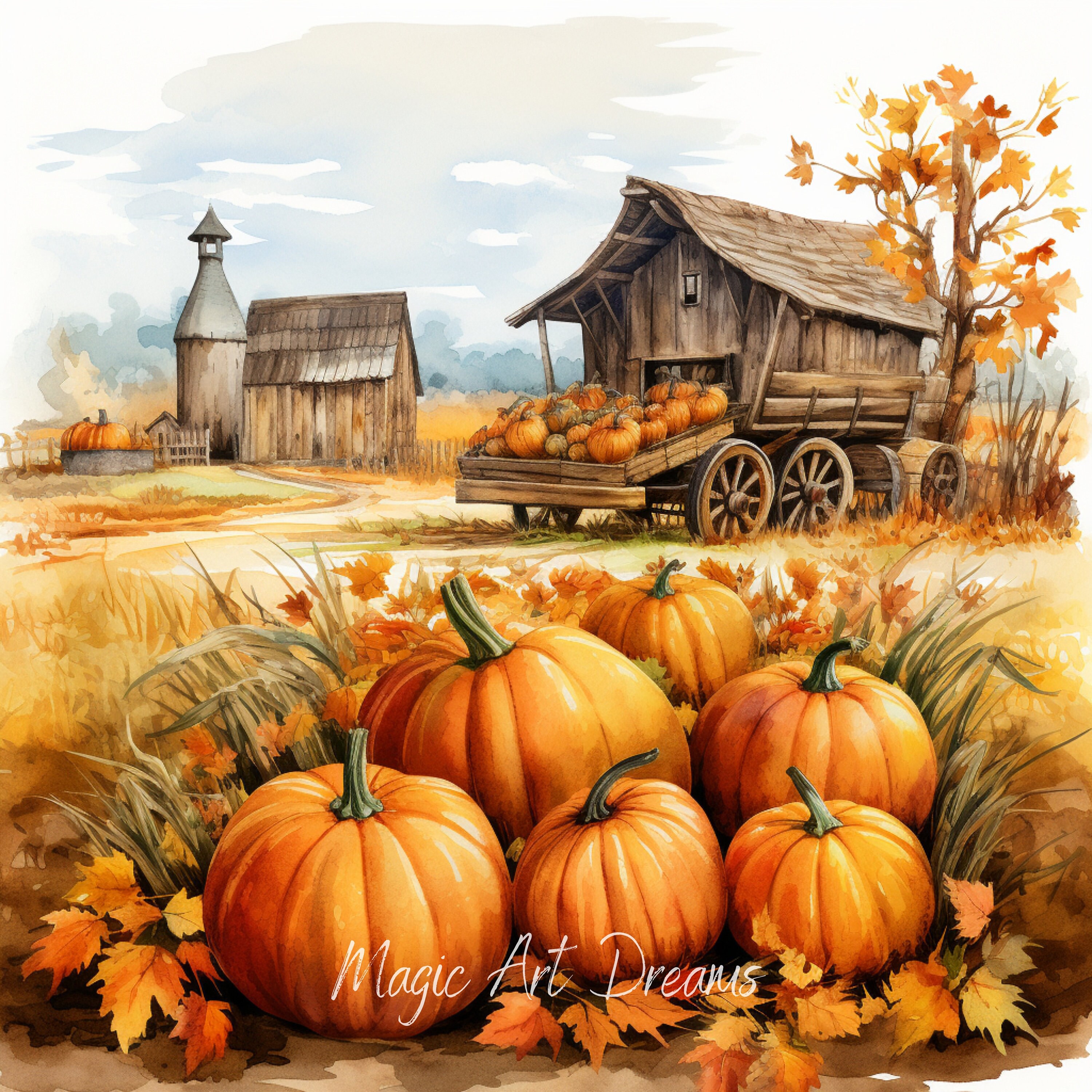 Watercolor Field With Pumpkins Clipart, 11 JPG, Fall Illustration ...