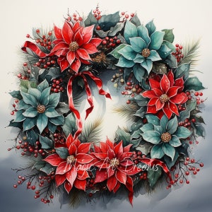 Watercolor Christmas Winter Wreath of Poinsettia Christmas Tree Toys ...