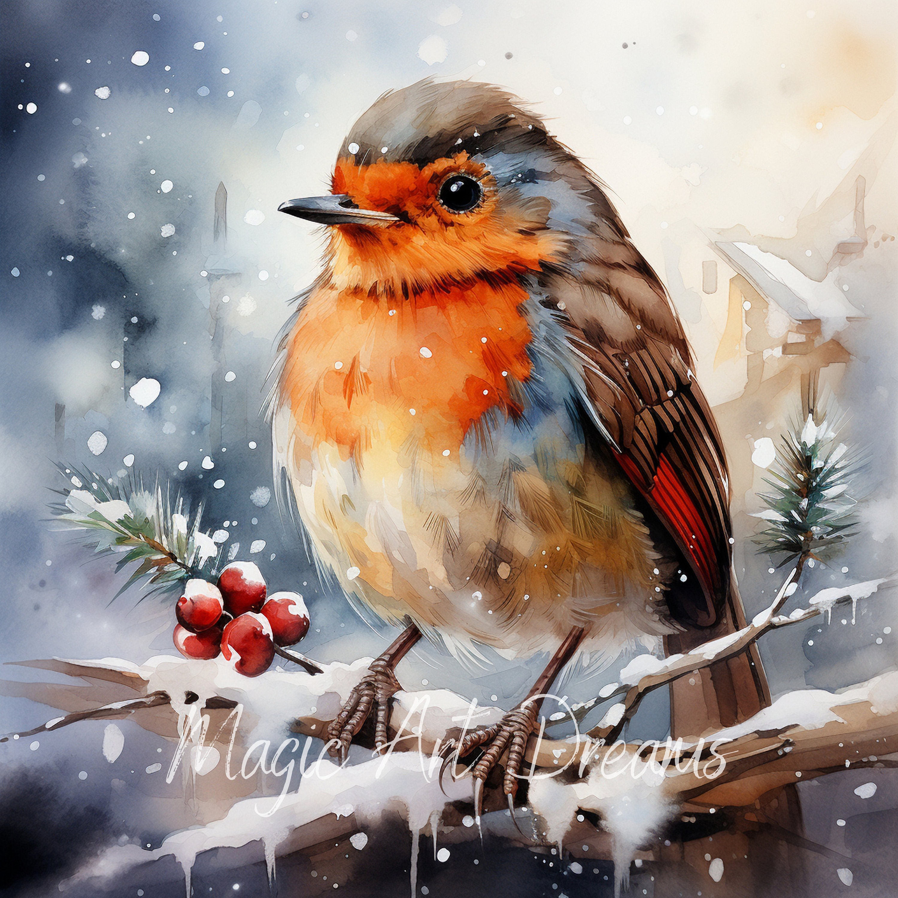 Watercolor Christmas Robin Clipart, 16 High Quality Jpgs, Digital Paper ...