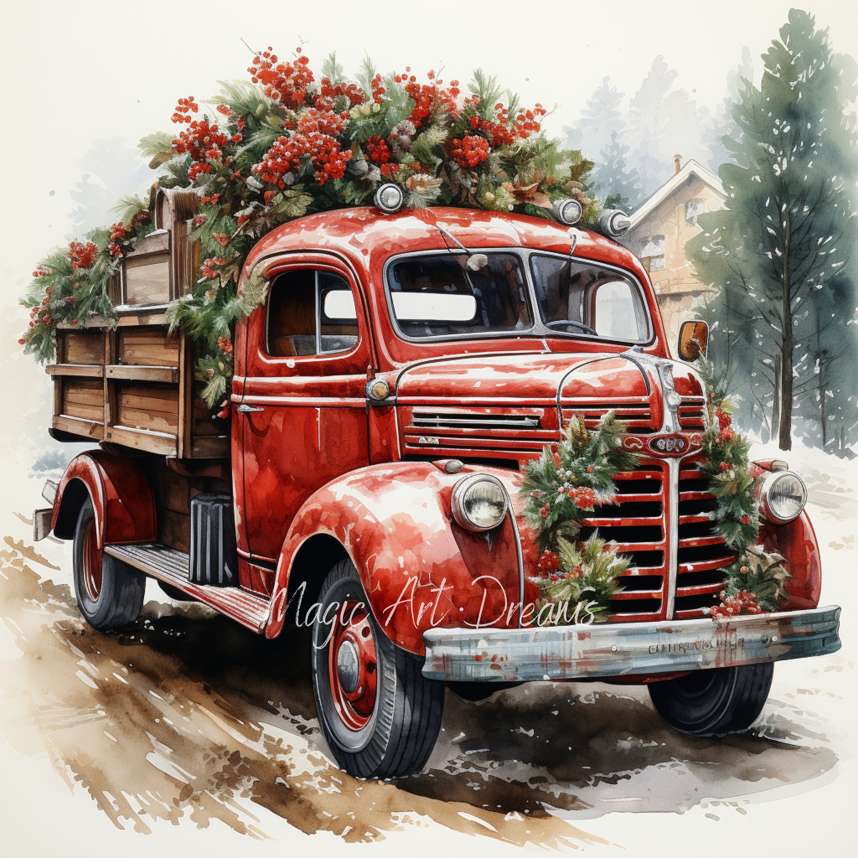 Watercolour Christmas Red Pickup Truck Clipart, 15 JPG , Card Making ...