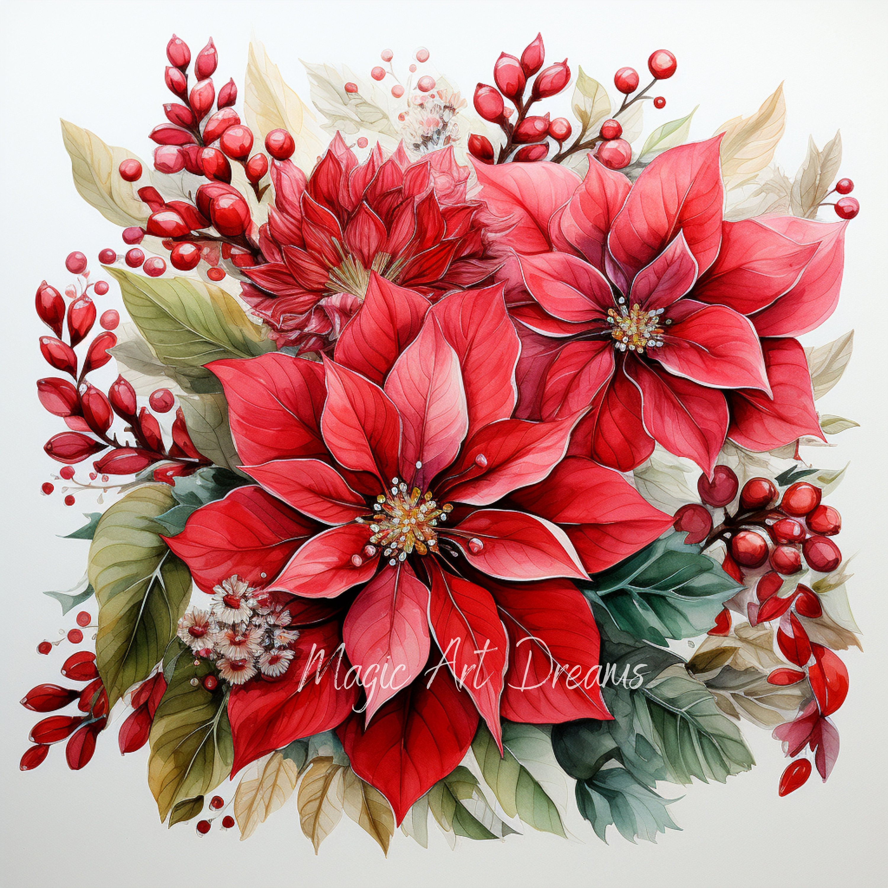 Watercolor Christmas Poinsettia Clipart, 13 Jpgs Download, Winter Red ...