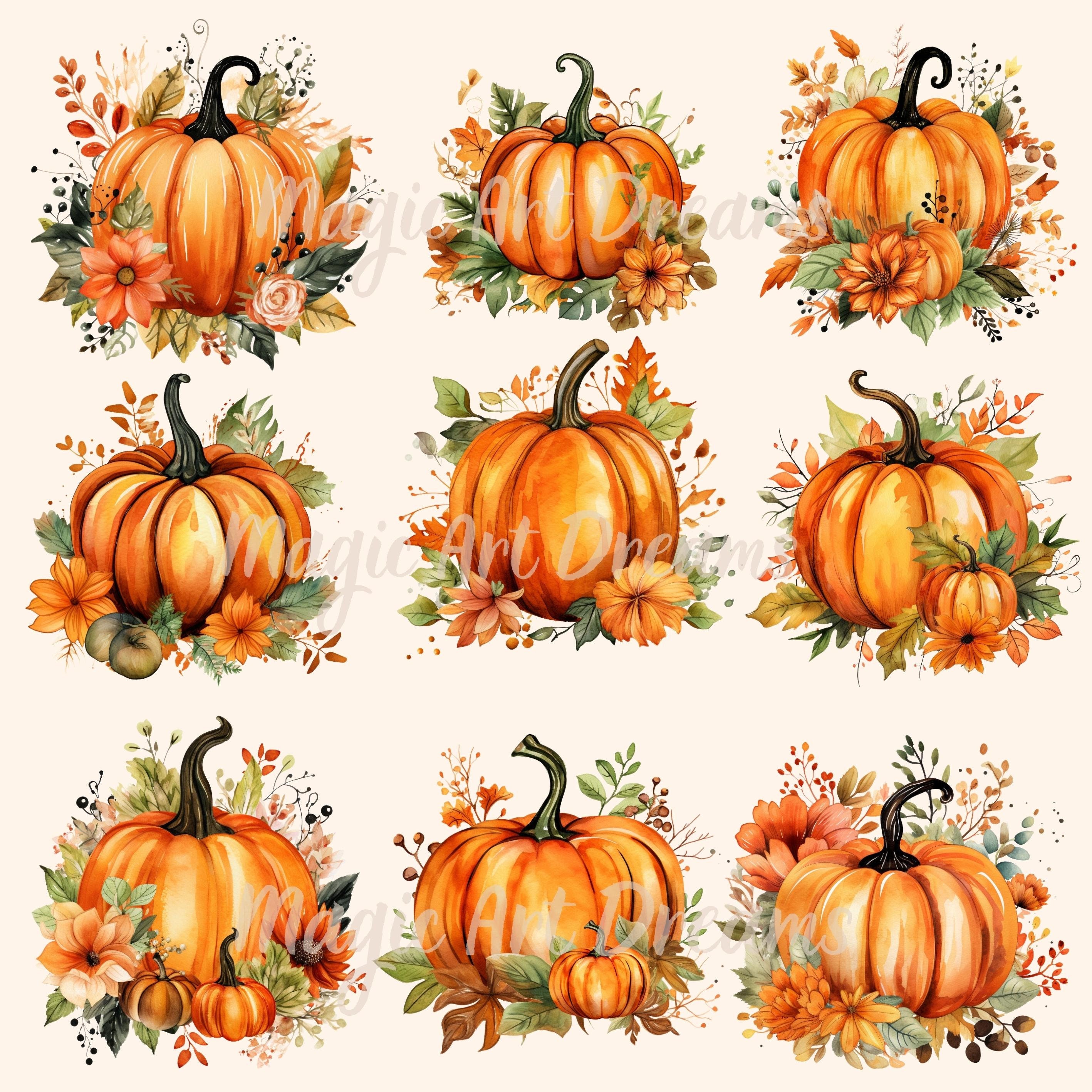 Watercolor Pumpkin Clipart, Autumn Watercolor in PNG JPEG Format ...