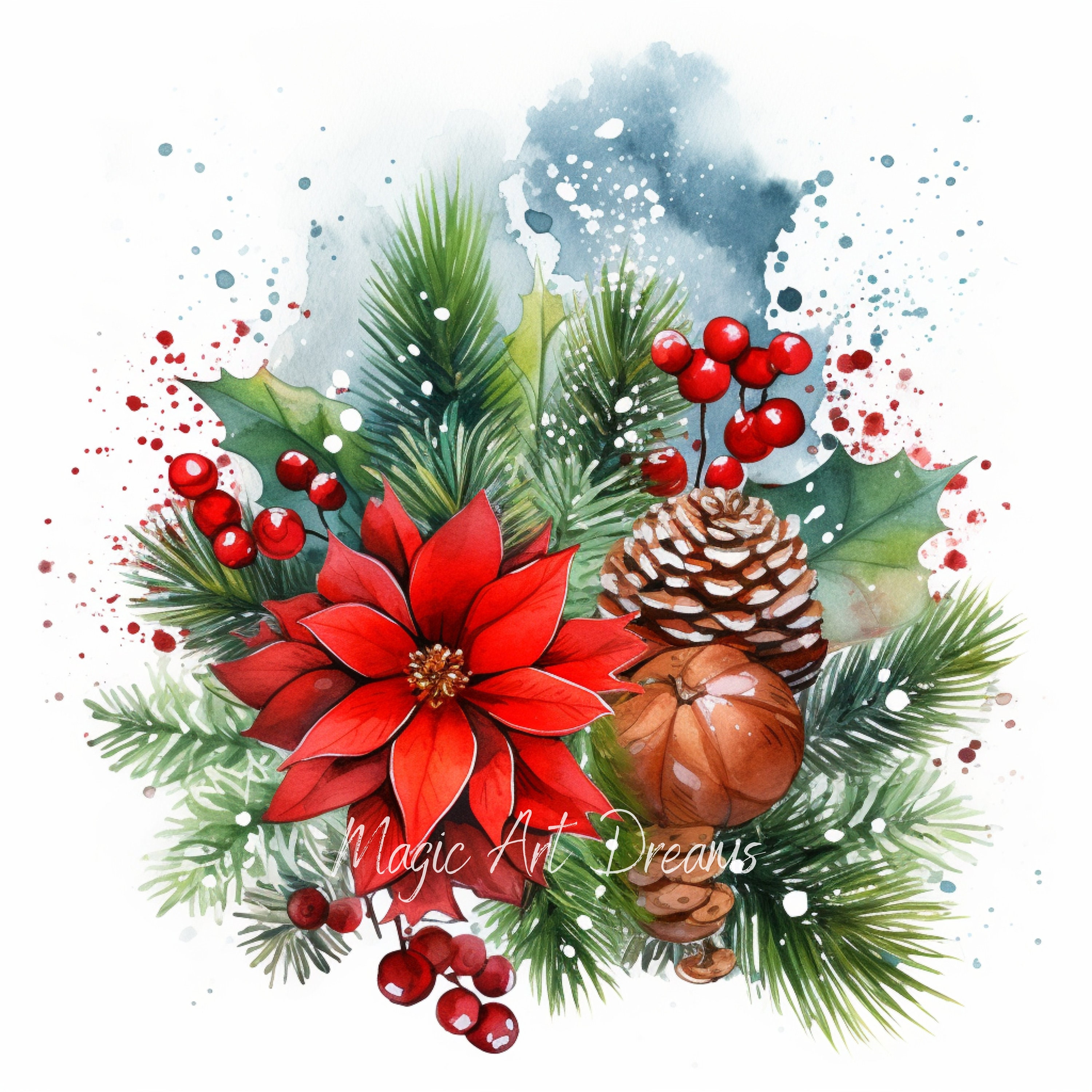 Watercolor Floral Christmas Flowers Clipart, Winter Flowers Christmas ...